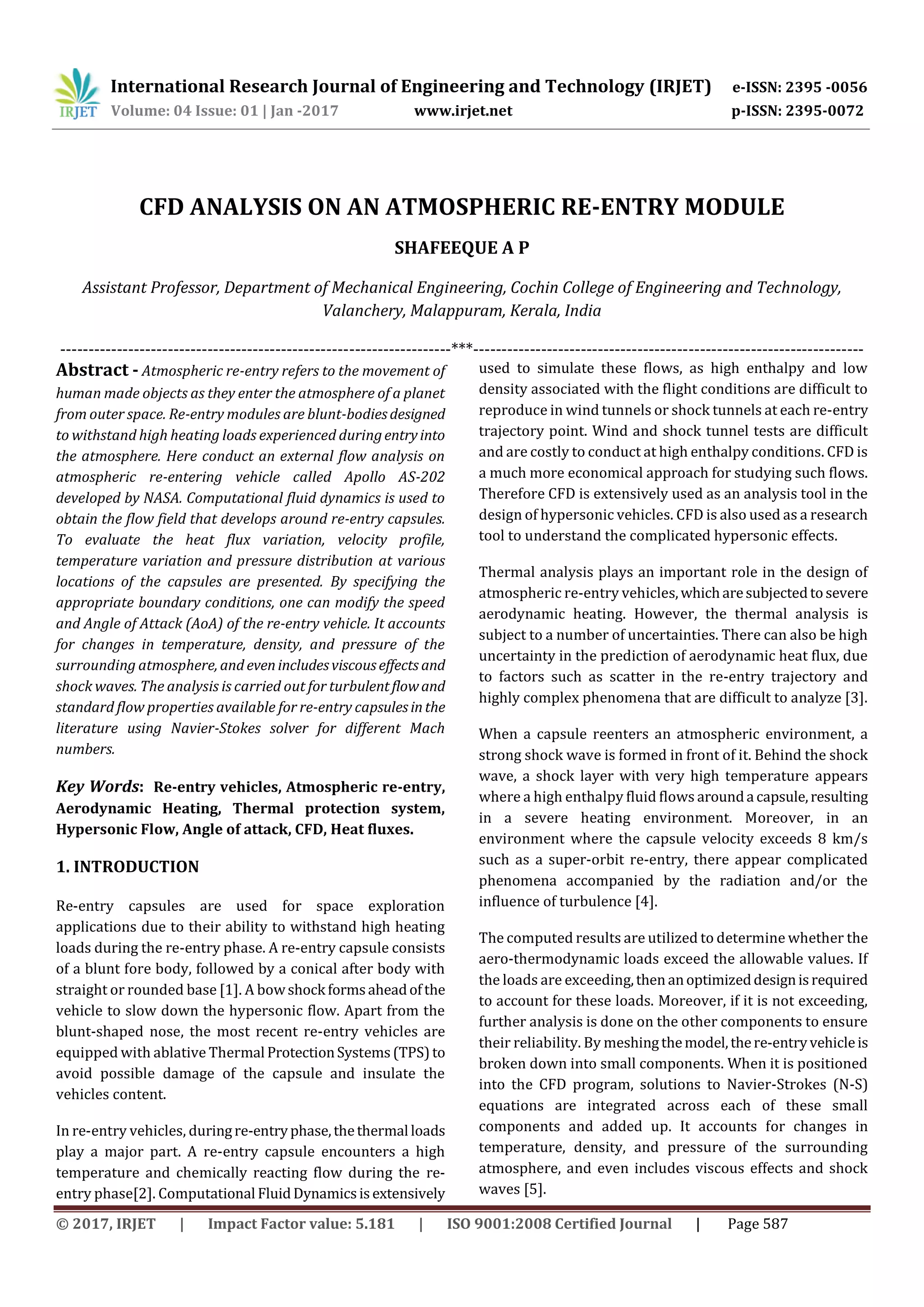 CFD Analysis on an Atmospheric Re-Entry Module | PDF