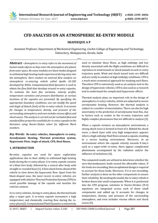 CFD Analysis on an Atmospheric Re-Entry Module | PDF