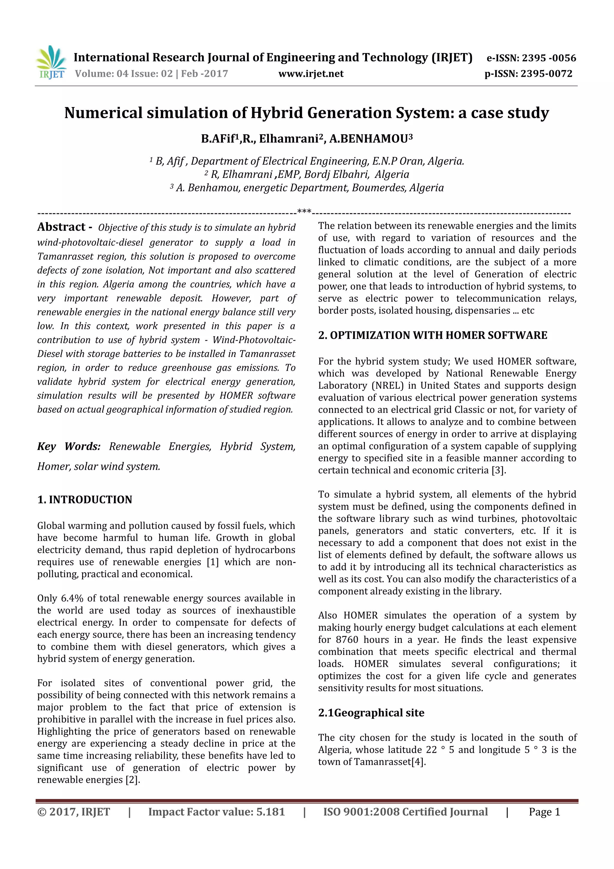 Numerical simulation of Hybrid Generation System: a case study | PDF