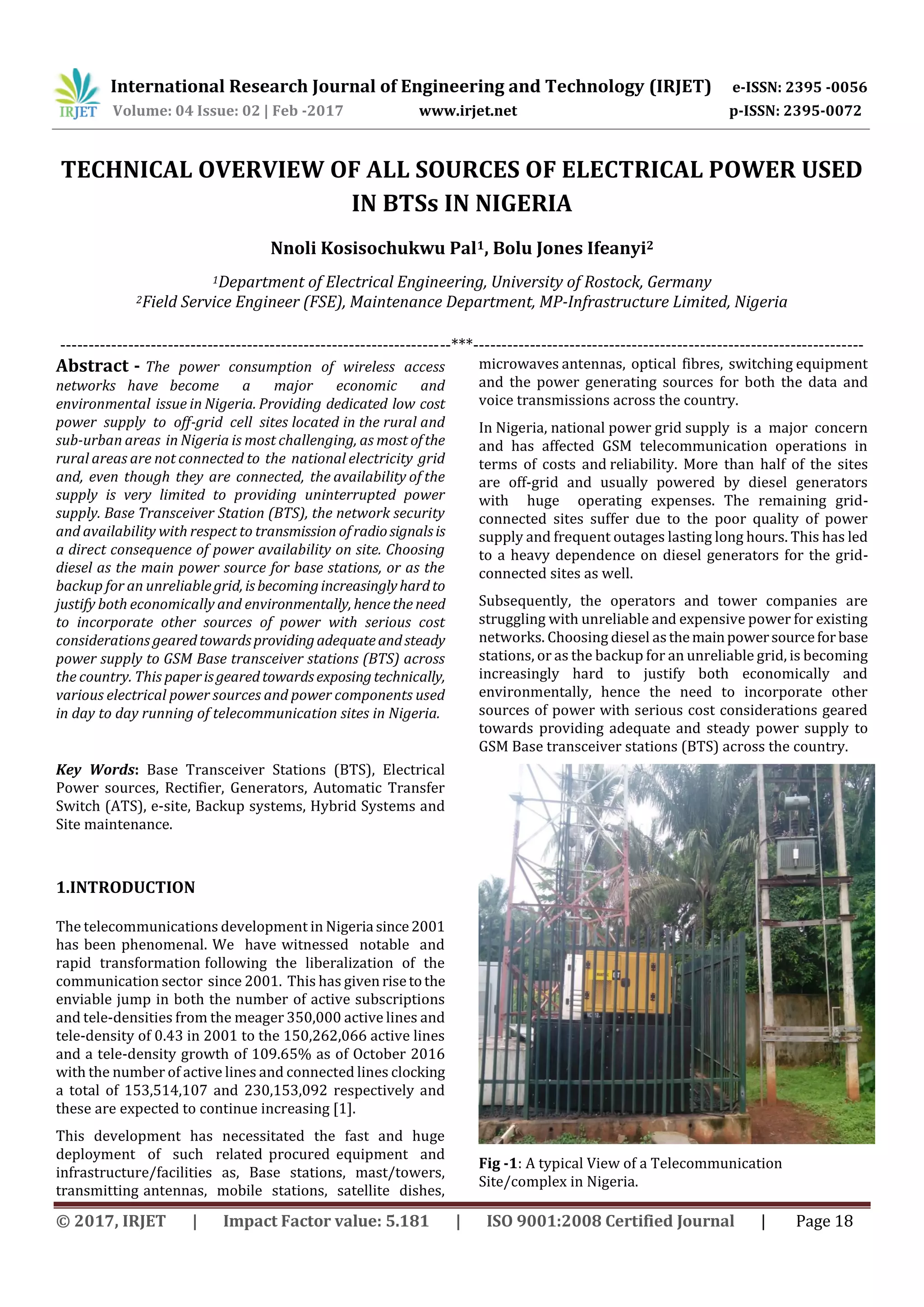 Technical overview of all sources of Electrical Power used in BTSs in Nigeria | PDF