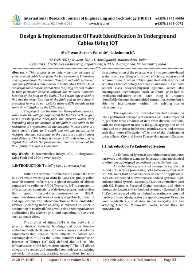 Design And Implementation Of Fault Identification In Underground Cables Using Iot Pdf