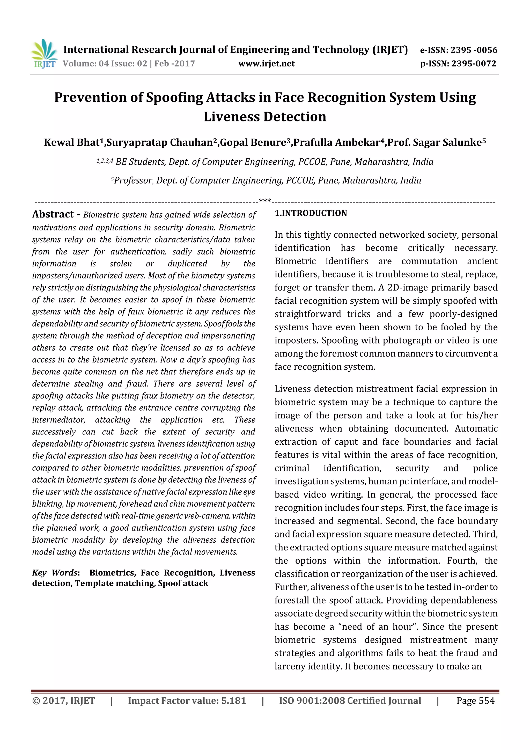 Prevention of Spoofing Attacks in Face Recognition System Using Liveness Detection | PDF