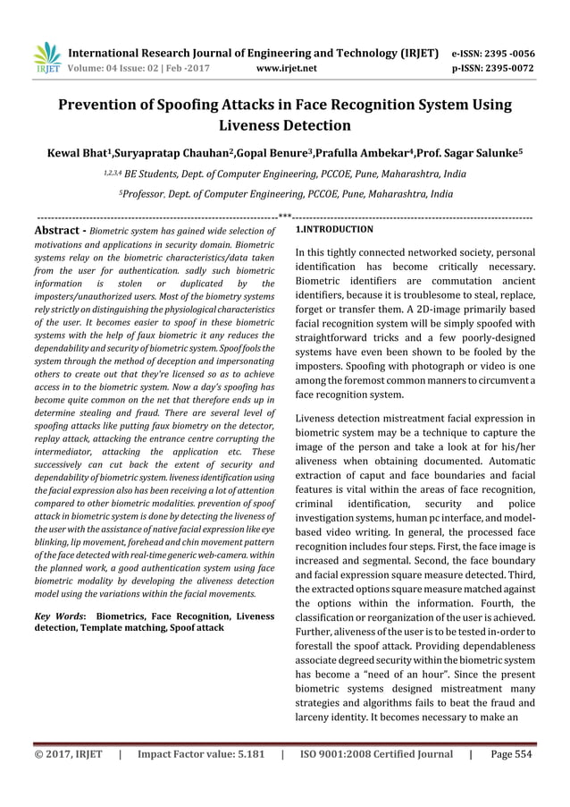 Prevention Of Spoofing Attacks In Face Recognition System Using