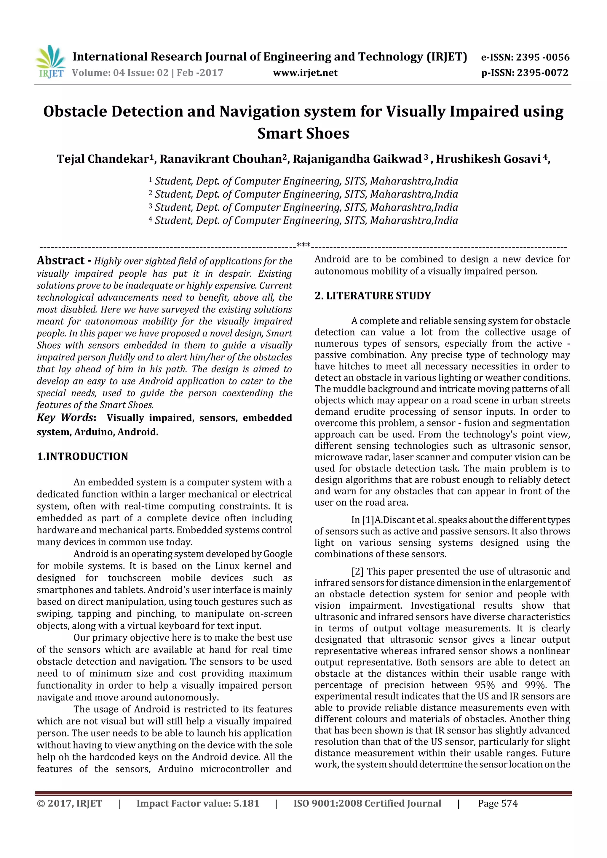 Obstacle Detection and Navigation system for Visually Impaired using Smart Shoes | PDF