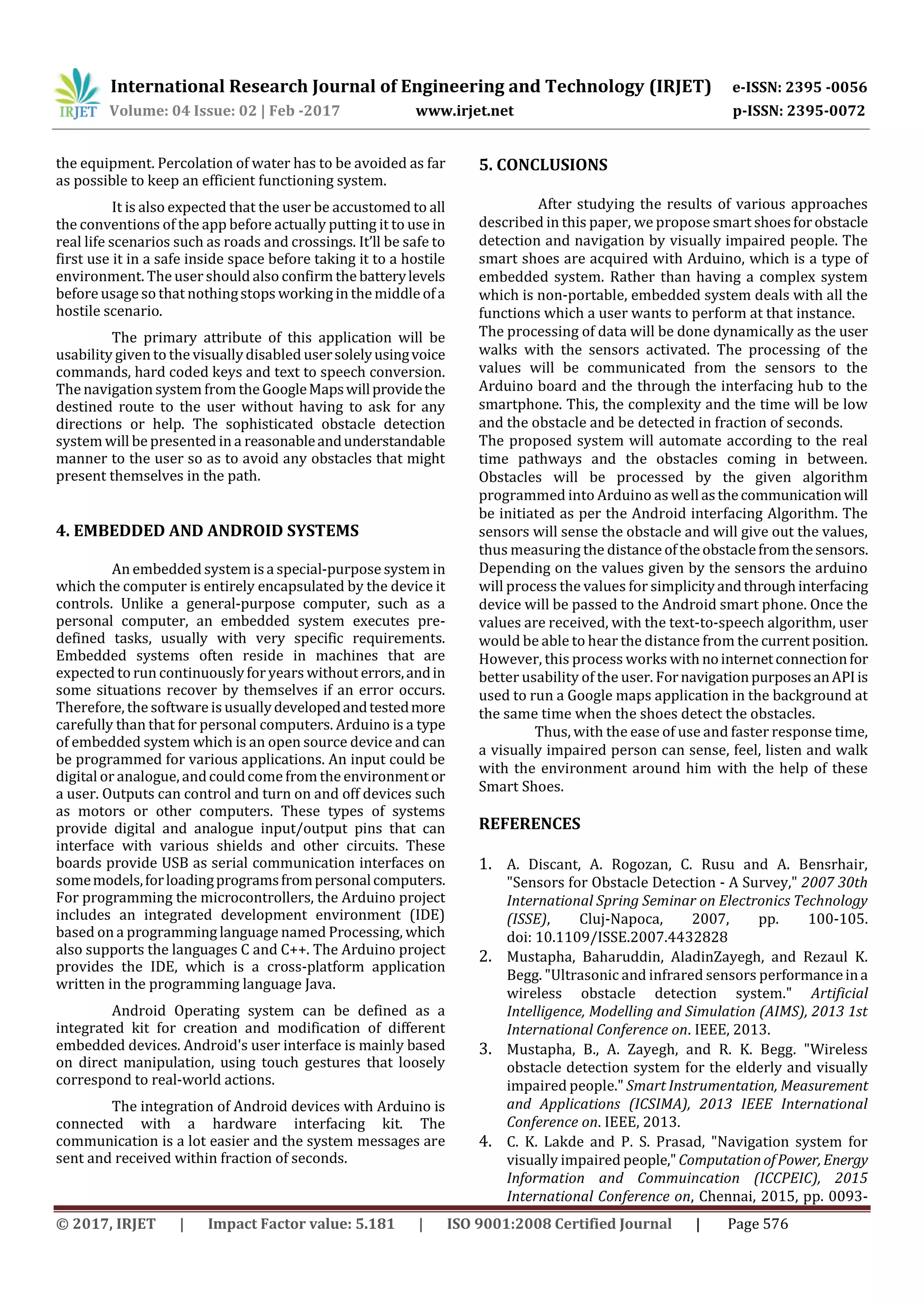 Obstacle Detection and Navigation system for Visually Impaired using Smart Shoes | PDF
