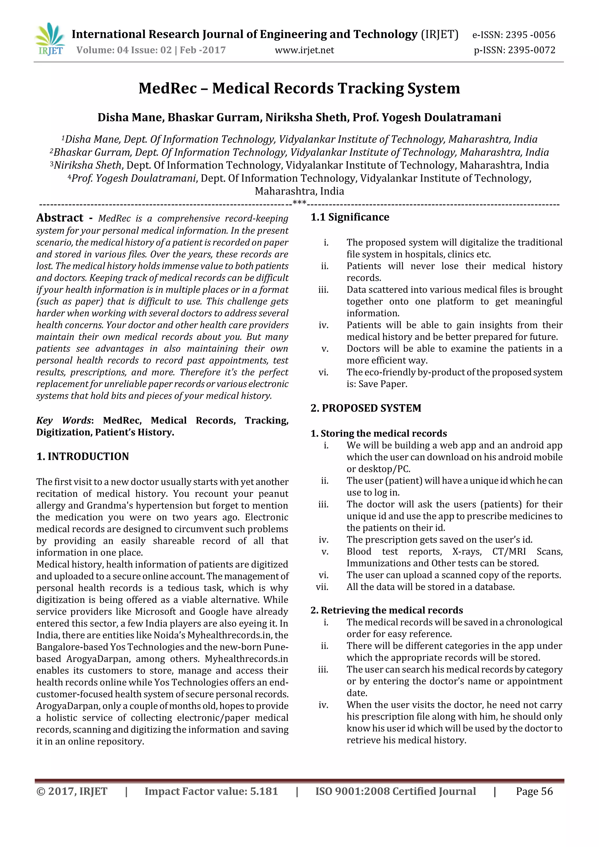 MedRec – Medical Records Tracking System | PDF