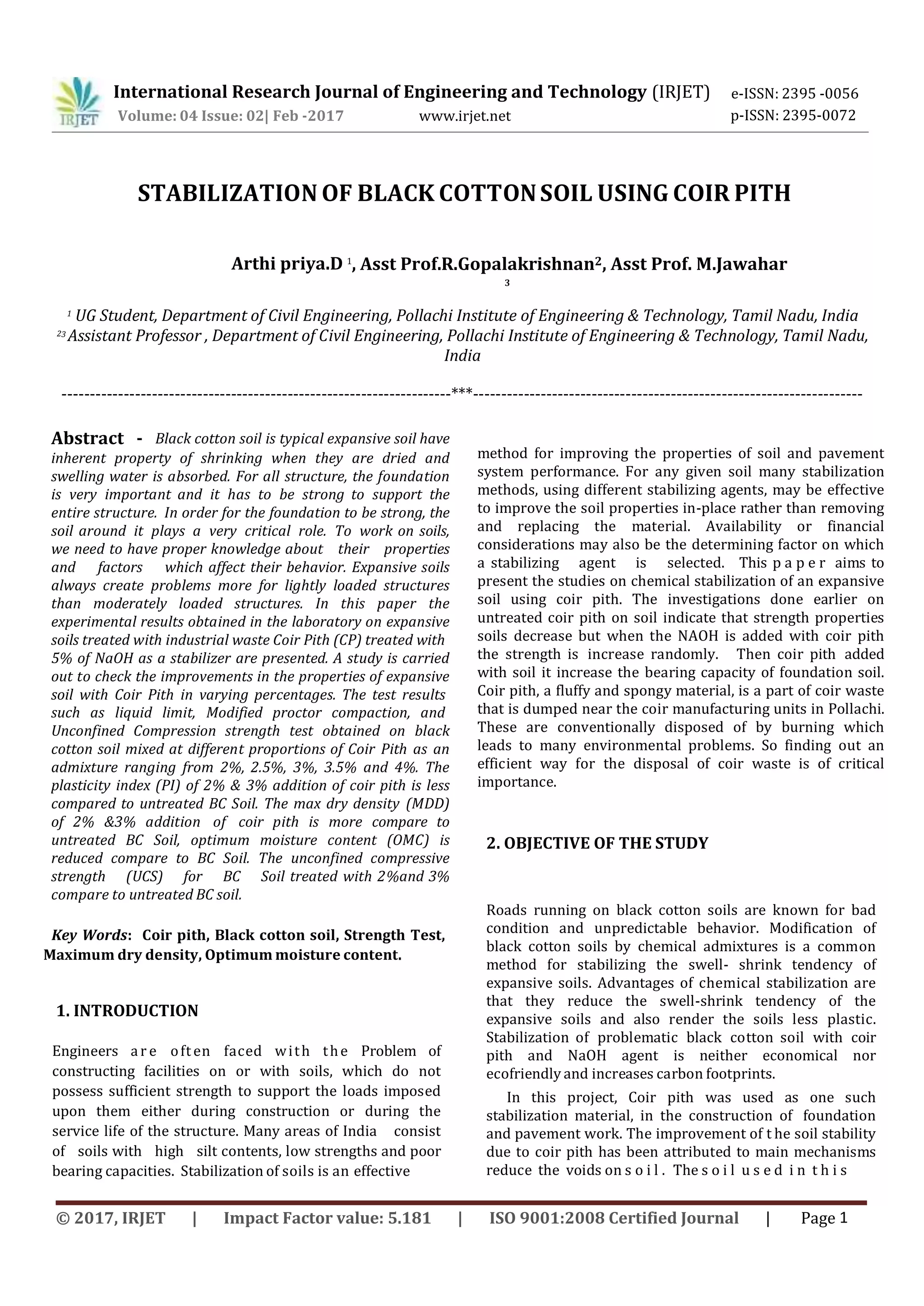 Stabilization of black cotton soil using coir pith | PDF | Gardening | Home & Garden