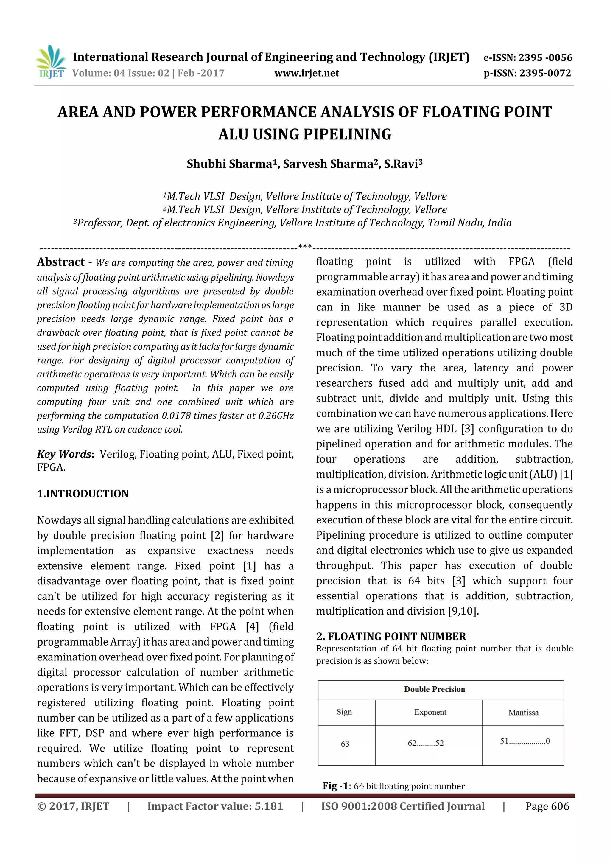 Area and power performance analysis of floating point ALU using ...