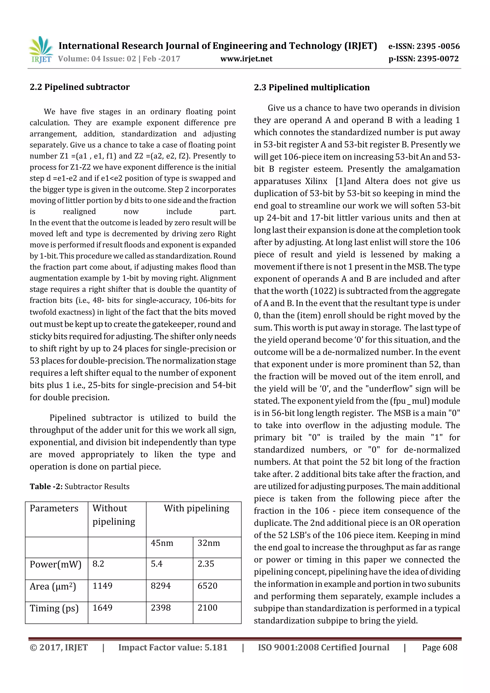 Area and power performance analysis of floating point ALU using pipelining | PDF