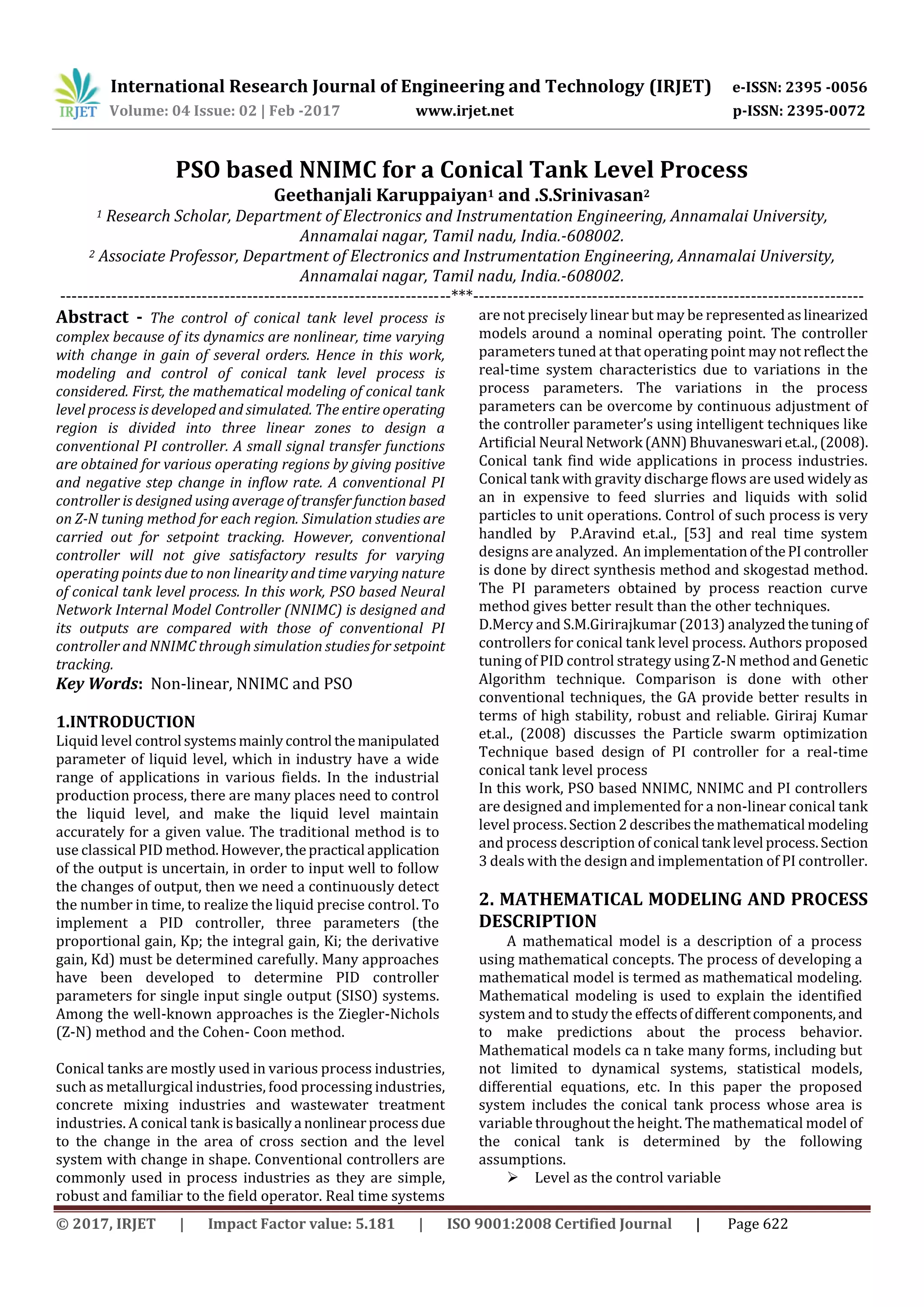 PSO based NNIMC for a Conical Tank Level Process | PDF