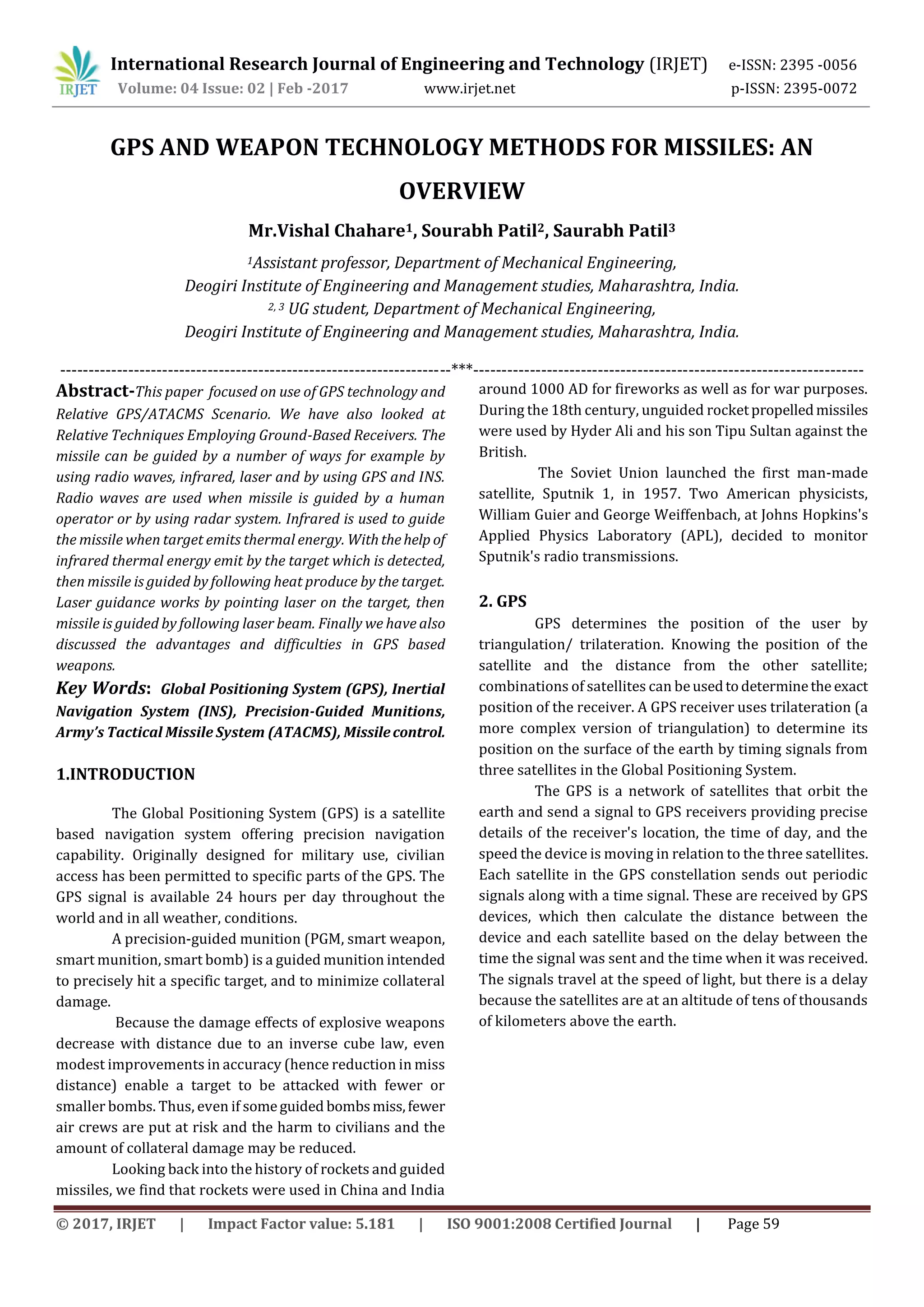 GPS and weapon technology methods for missiles: an overview | PDF