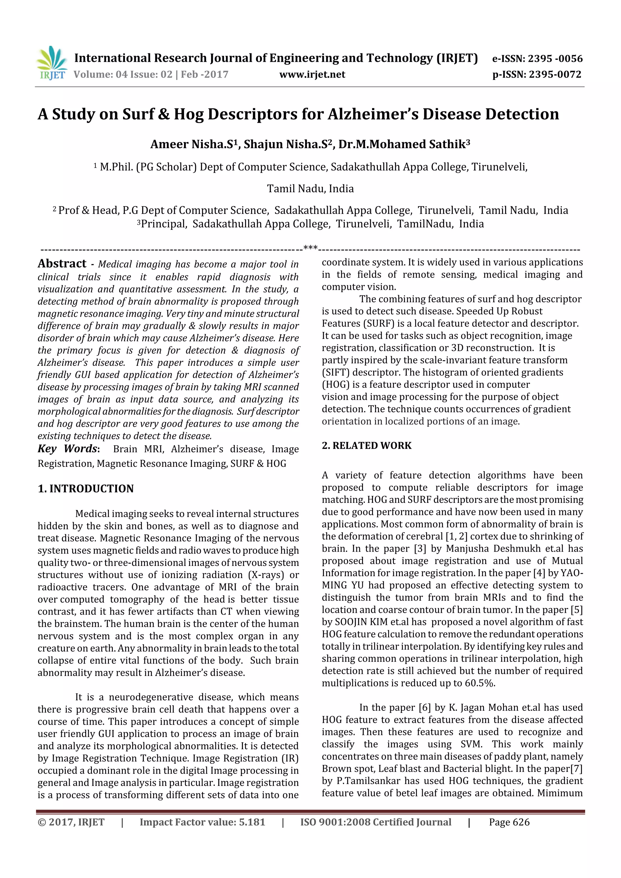 A Study on Surf & Hog Descriptors for Alzheimer’s Disease Detection | PDF