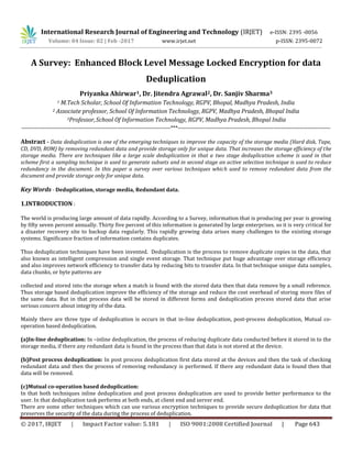A Survey: Enhanced Block Level Message Locked Encryption for data Deduplication | PDF
