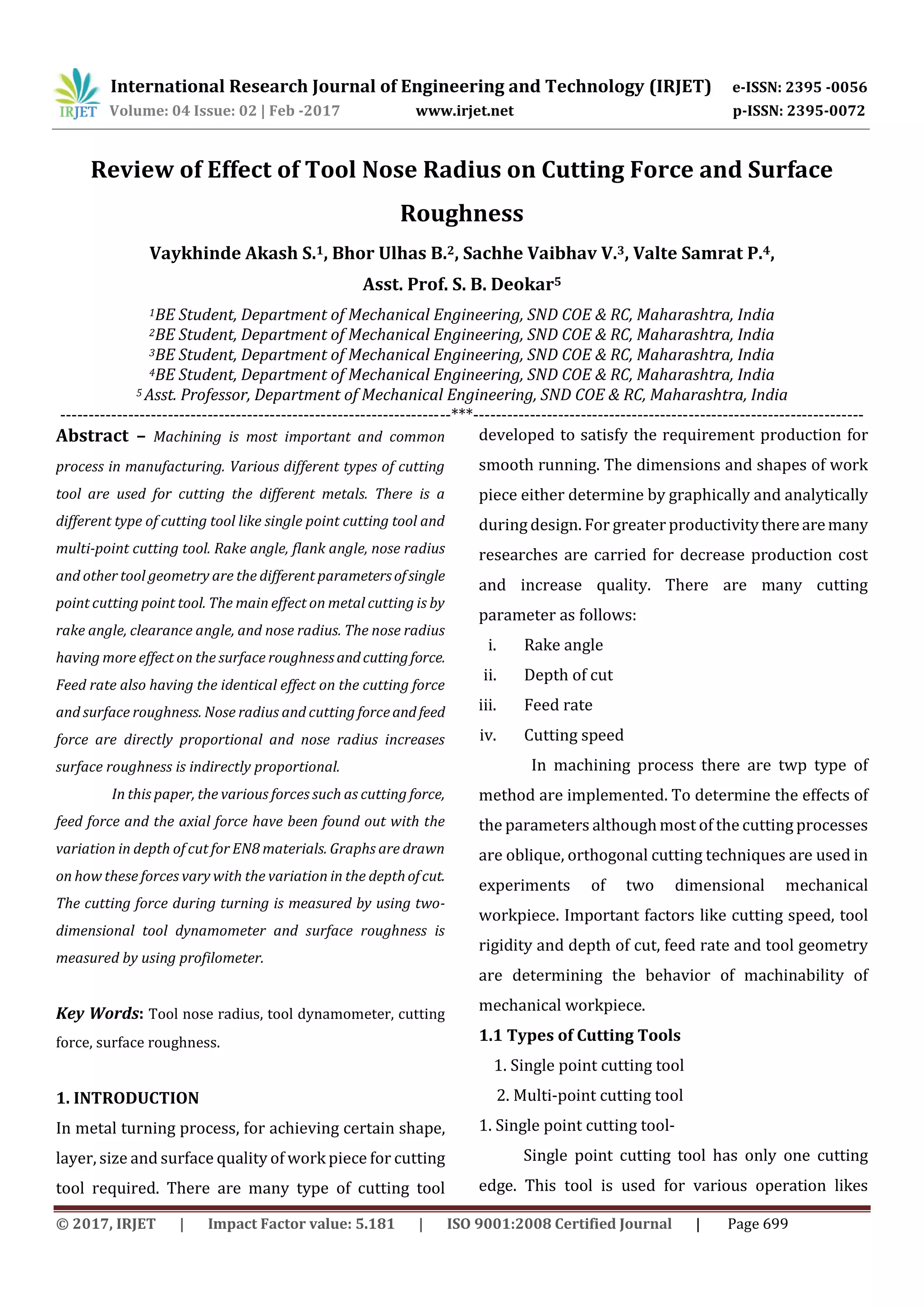 Review of Effect of Tool Nose Radius on Cutting Force and Surface ...
