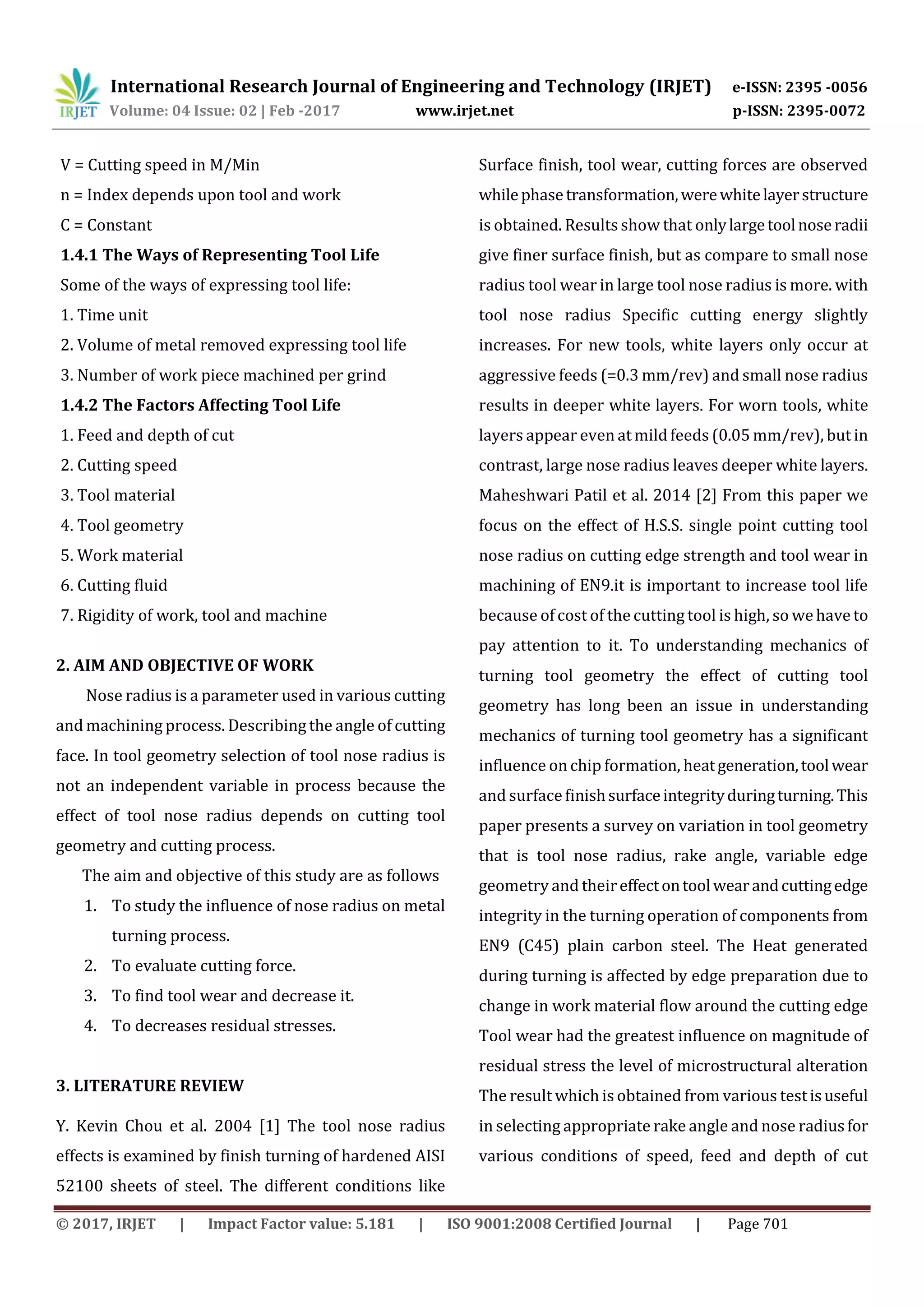Review of Effect of Tool Nose Radius on Cutting Force and Surface Roughness | PDF