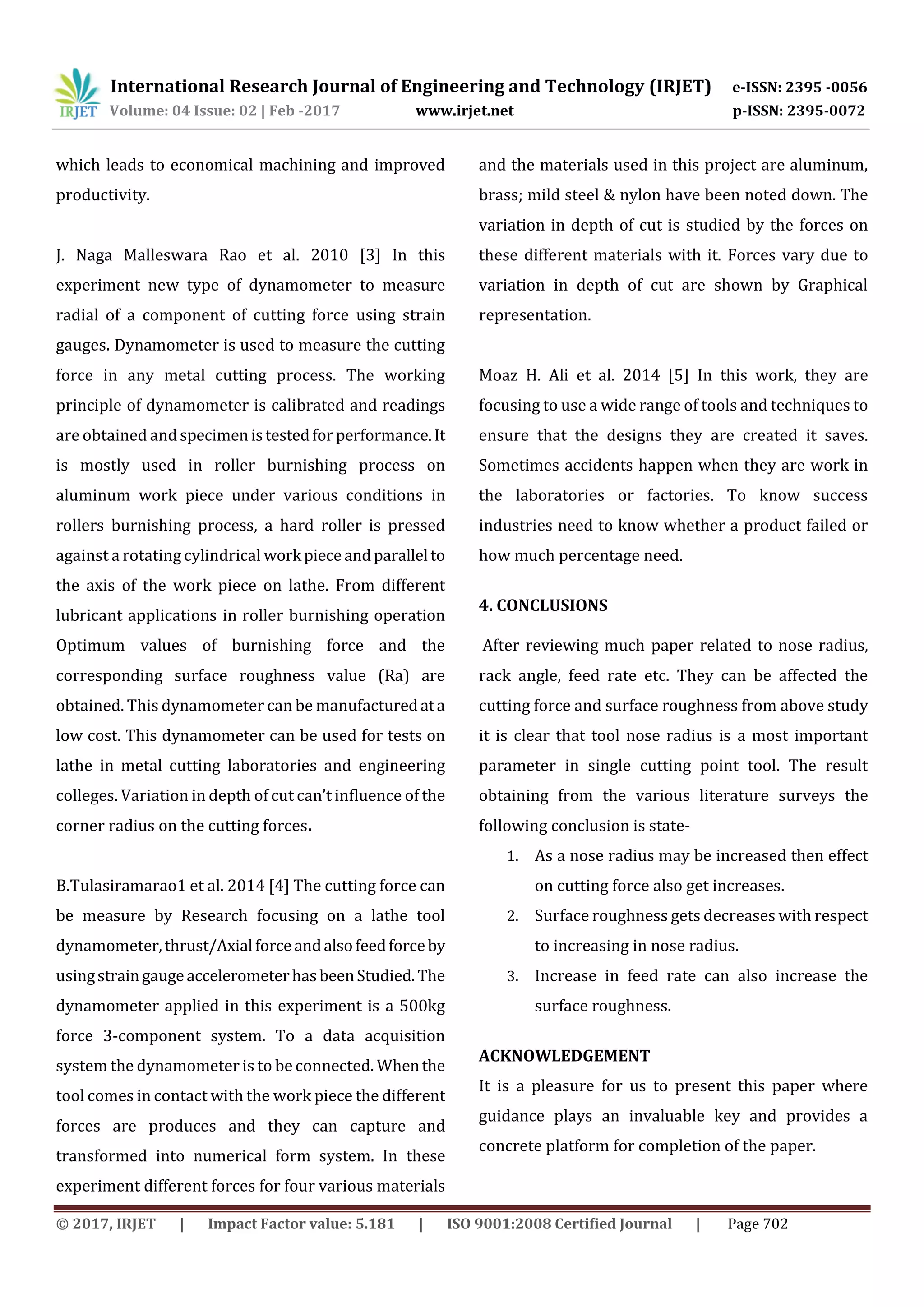 Review Of Effect Of Tool Nose Radius On Cutting Force And Surface