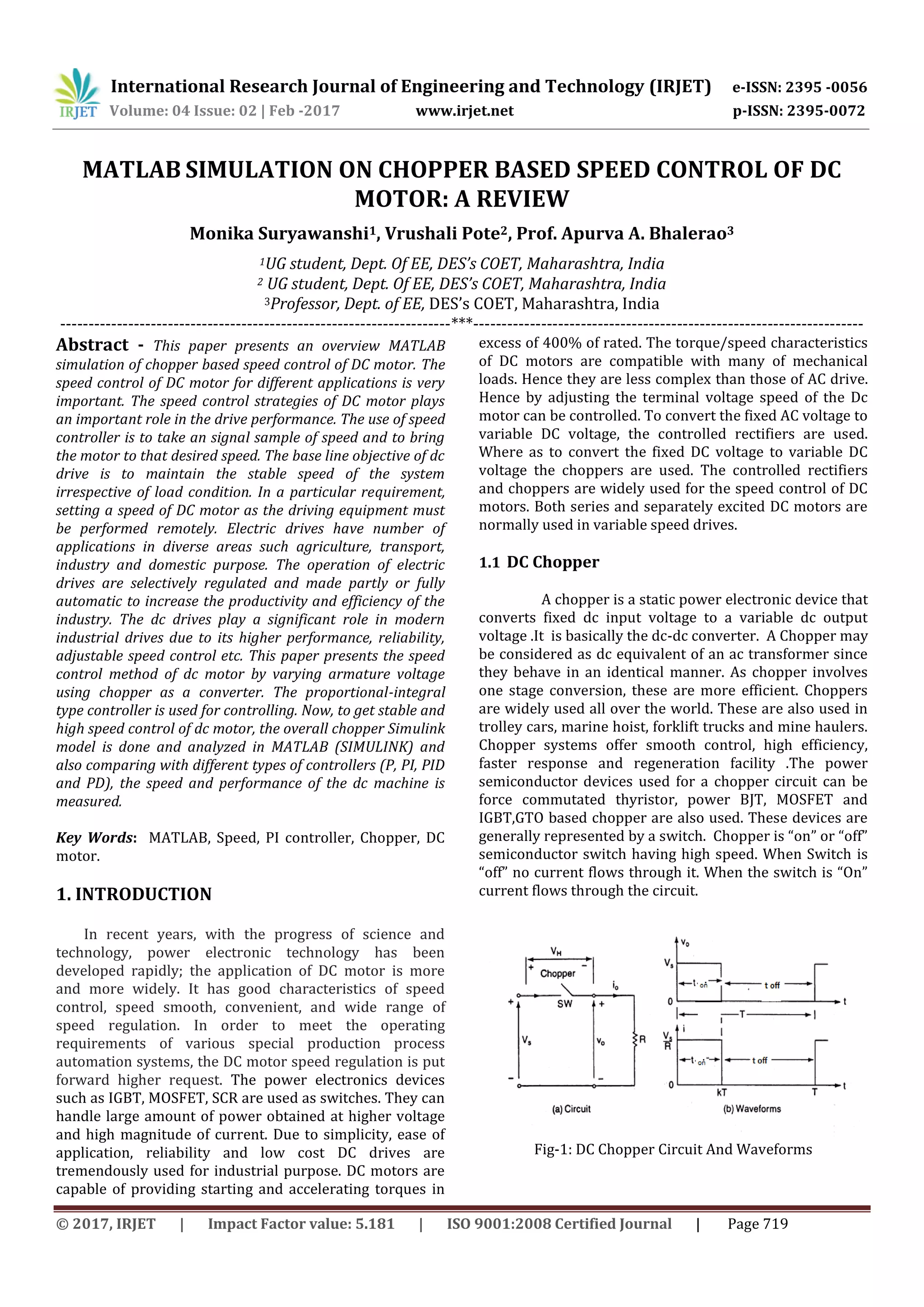 Matlab simulation on chopper based speed control of dc motor: A Review | PDF