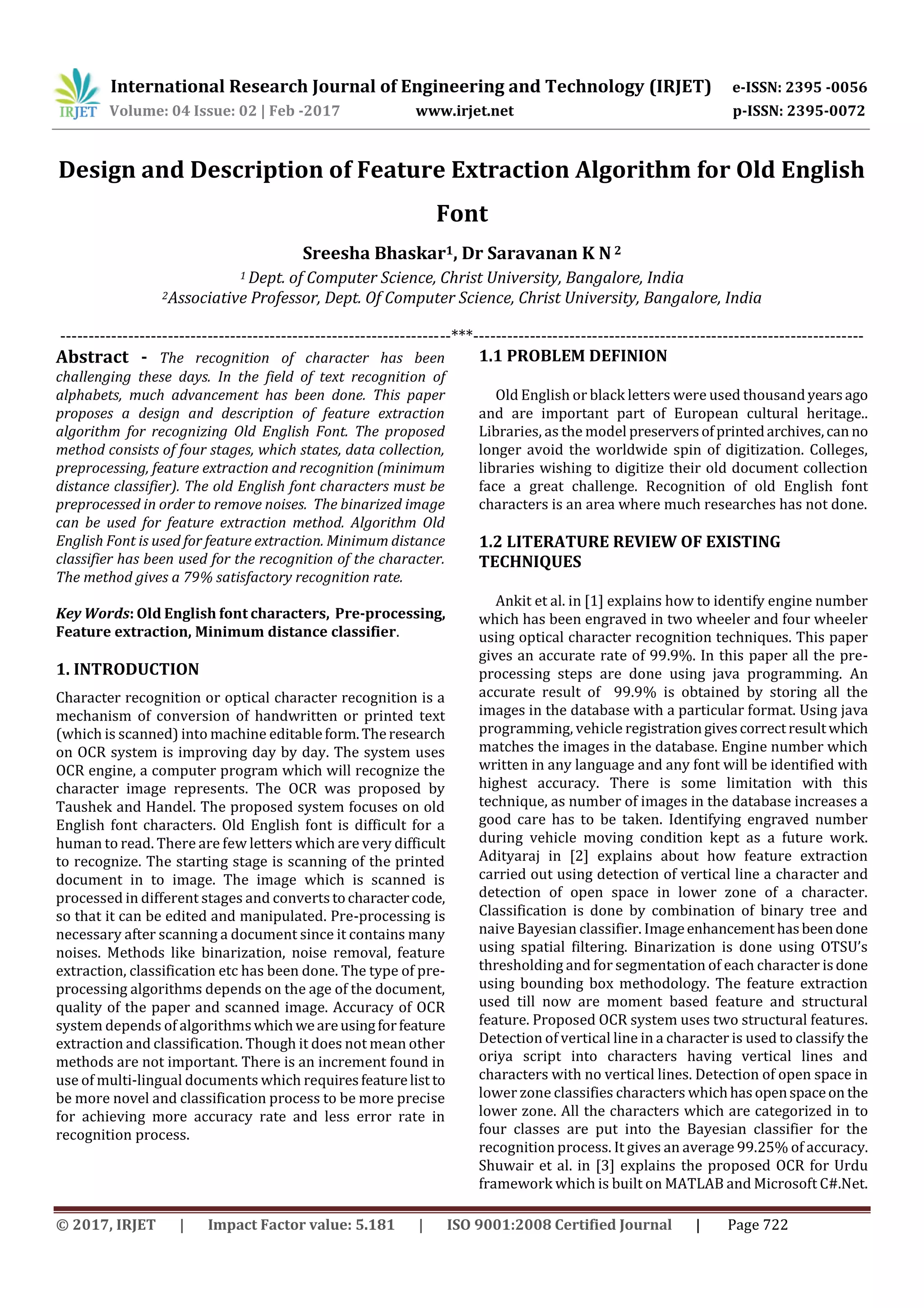Design and Description of Feature Extraction Algorithm for Old English Font | PDF