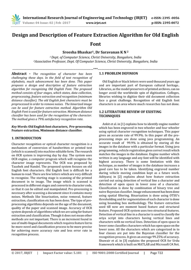 Design and Description of Feature Extraction Algorithm for Old English Font | PDF
