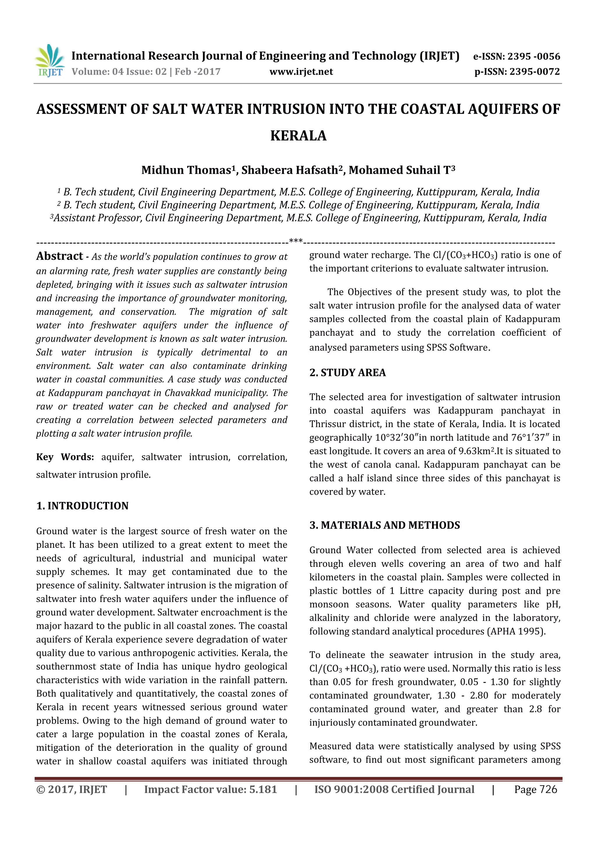 Assessment of salt water intrusion into the coastal aquifers of Kerala | PDF