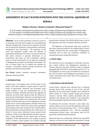 Assessment of salt water intrusion into the coastal aquifers of Kerala | PDF