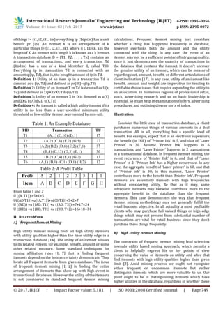 A Relative Study on Various Techniques for High Utility Itemset Mining from Transactional ...