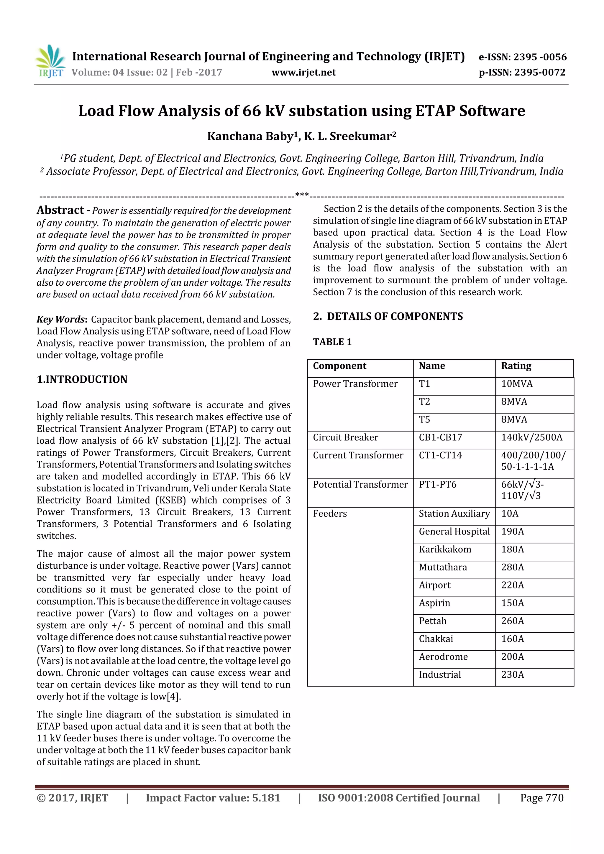 Load Flow Analysis of 66 kV substation using ETAP Software | PDF