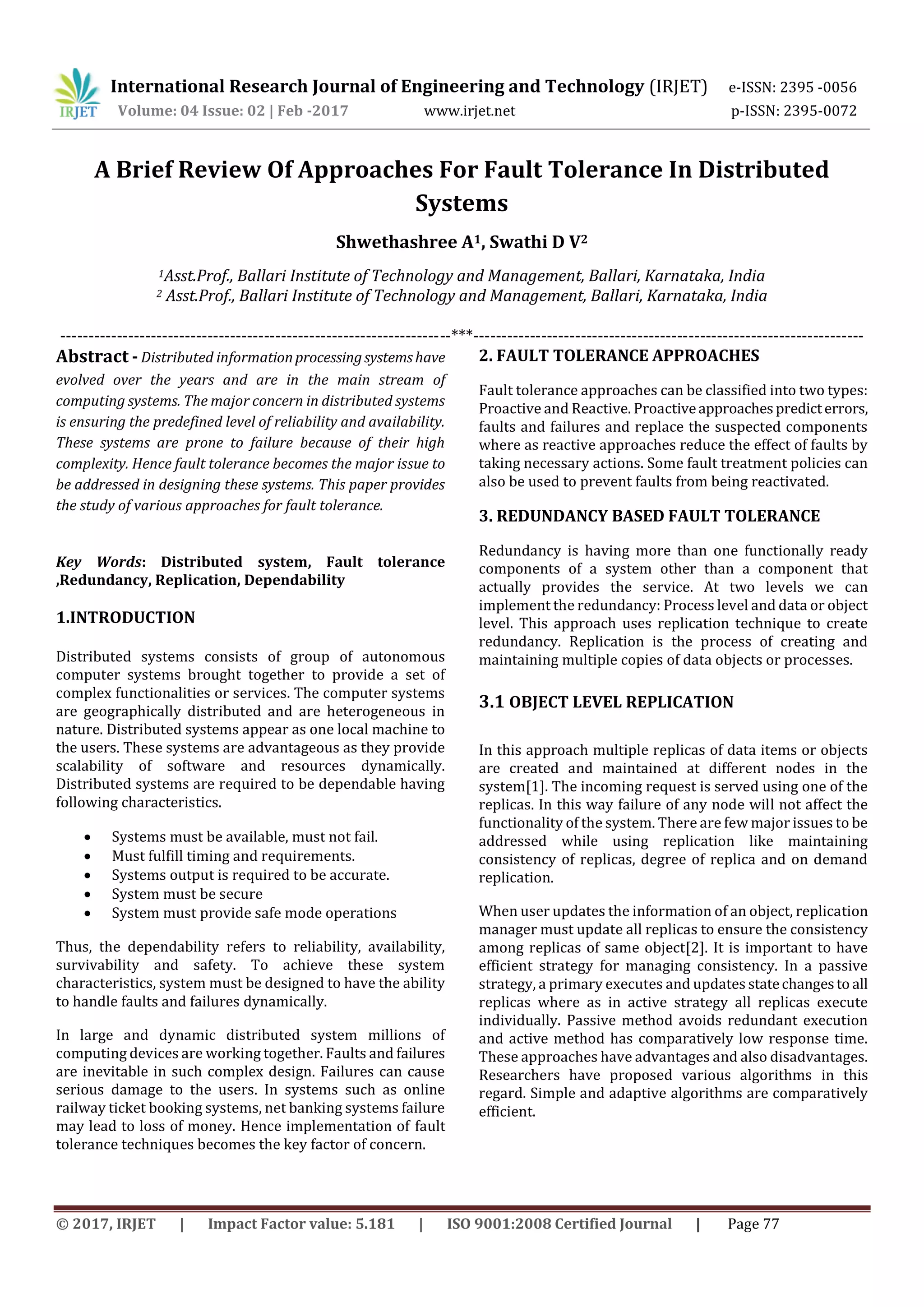 A Brief Review Of Approaches For Fault Tolerance In Distributed Systems | PDF