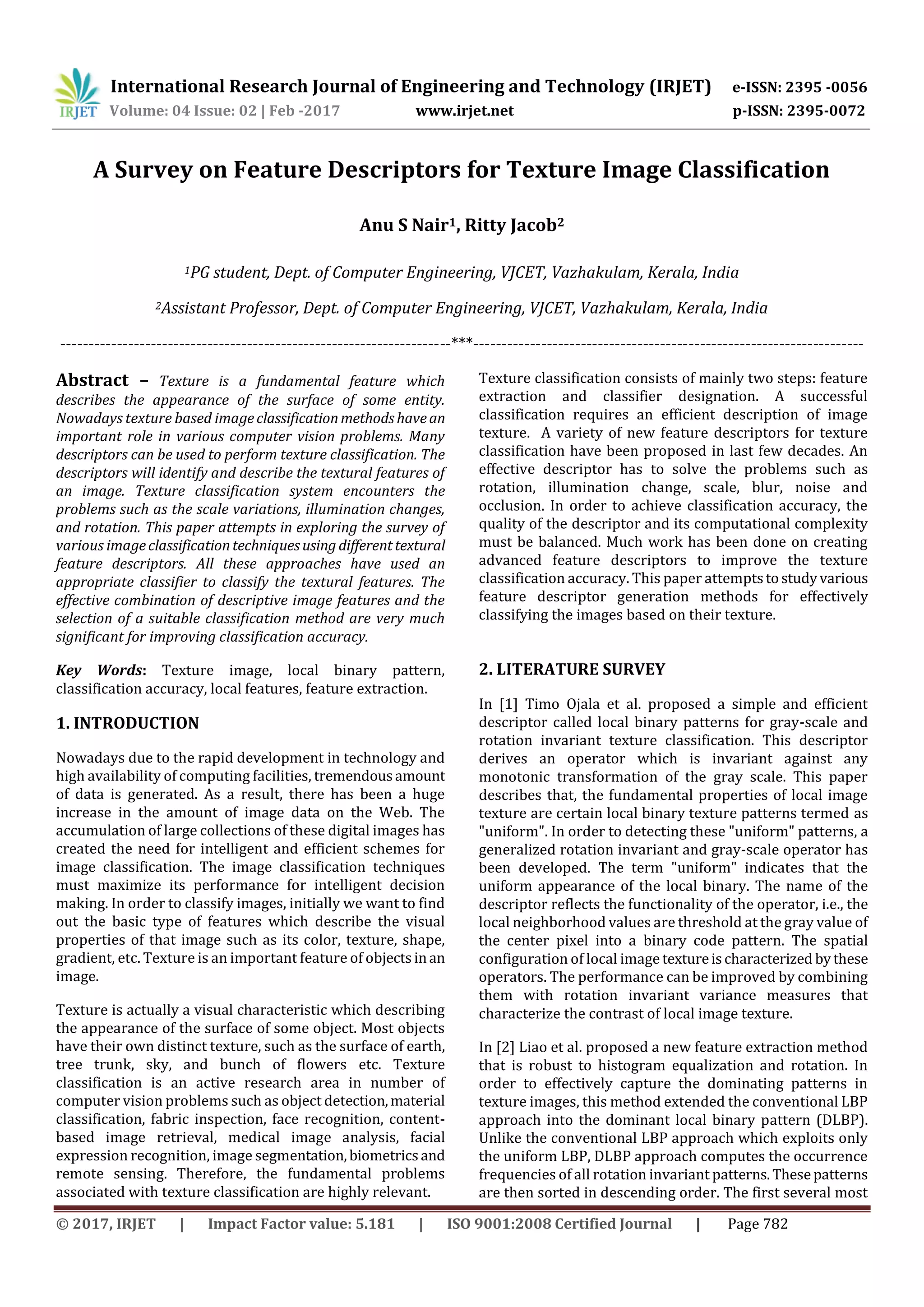 A survey on feature descriptors for texture image classification | PDF