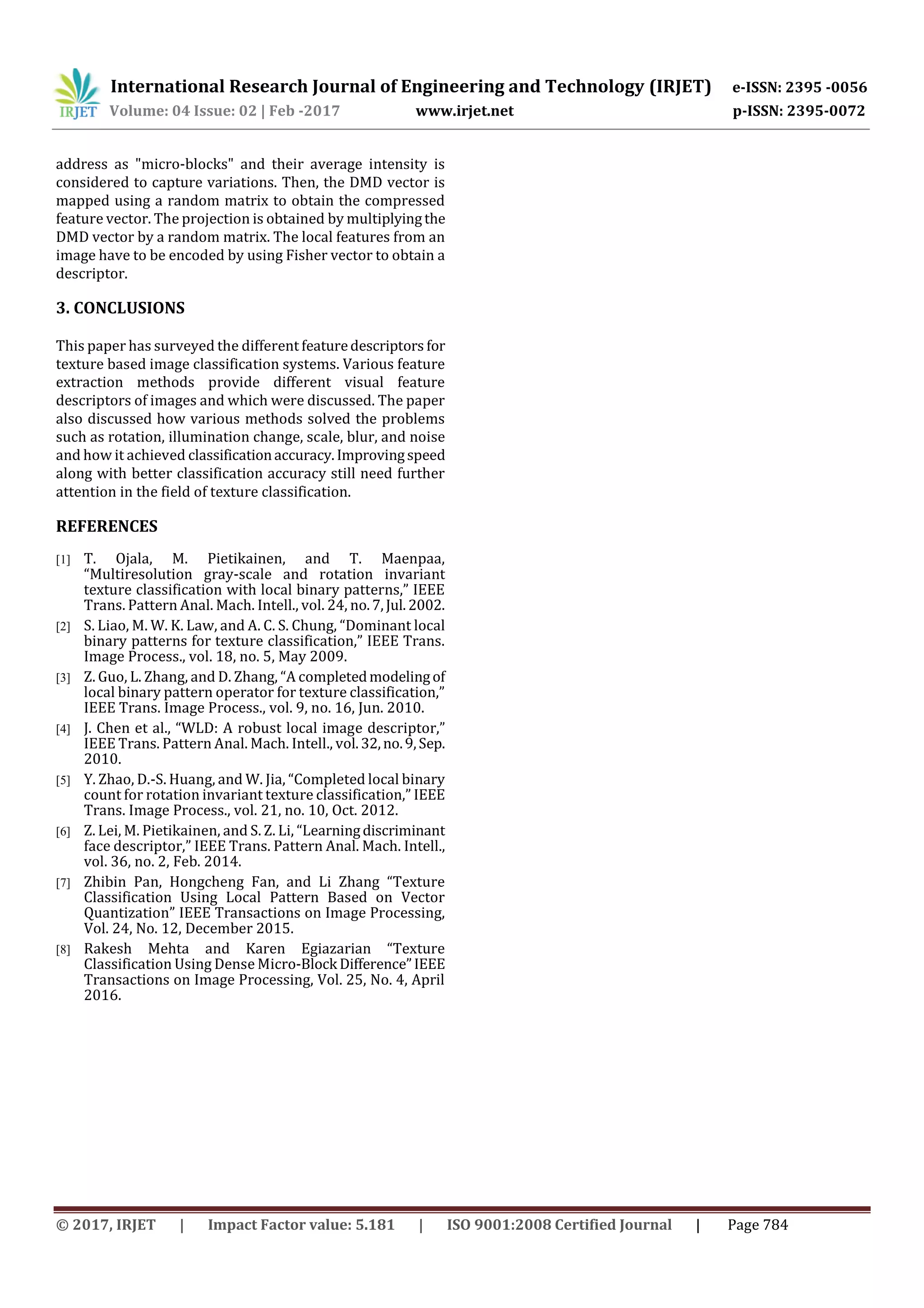 A survey on feature descriptors for texture image classification | PDF