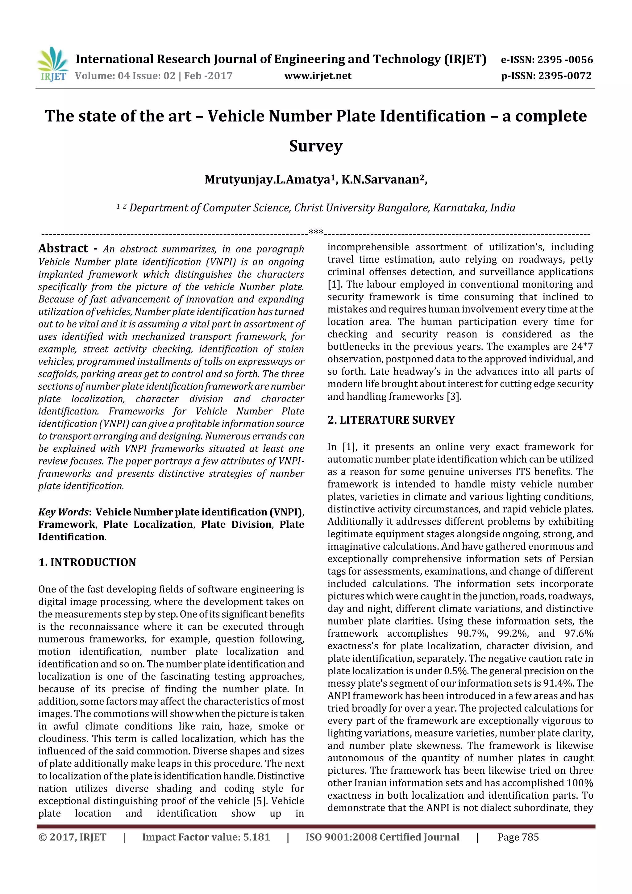The state of the art – Vehicle Number Plate Identification – A complete ...