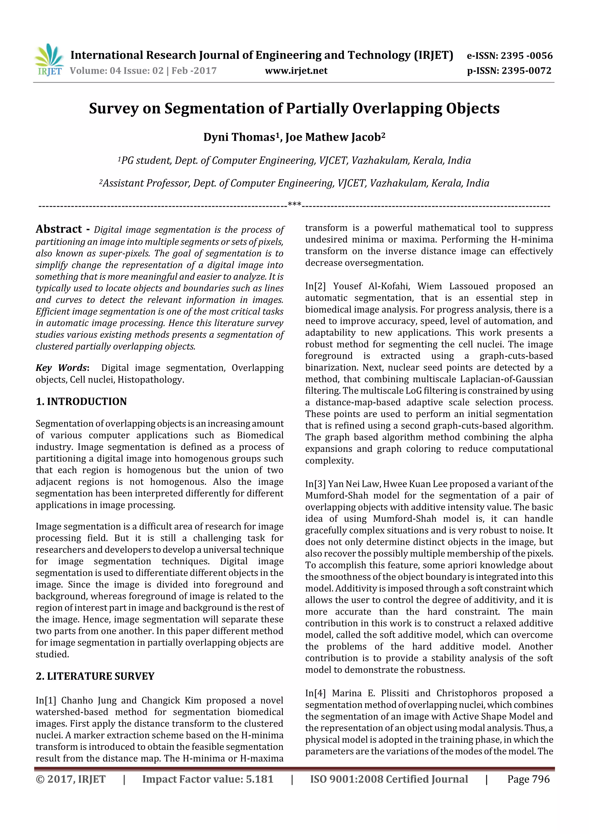 Survey On Segmentation Of Partially Overlapping Objects Pdf