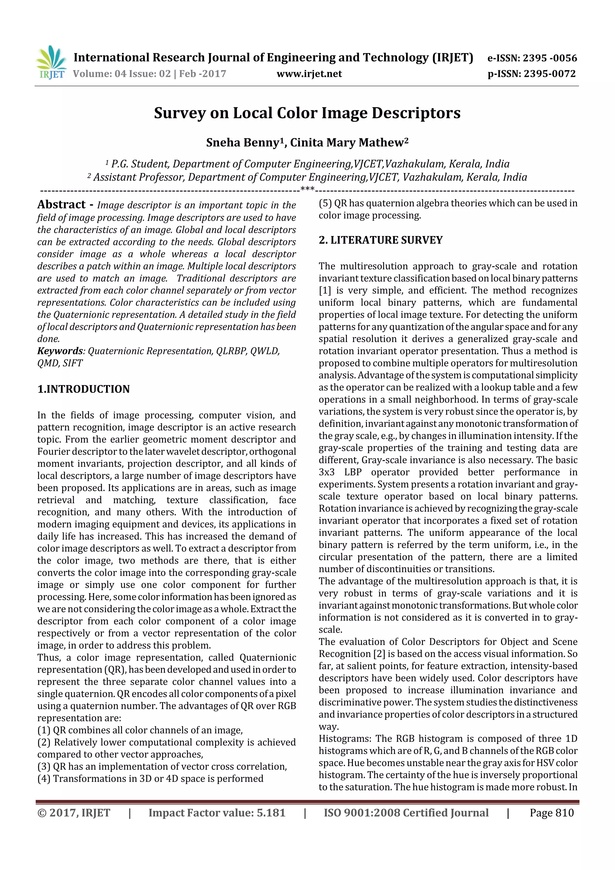 Survey on Local Color Image Descriptors | PDF