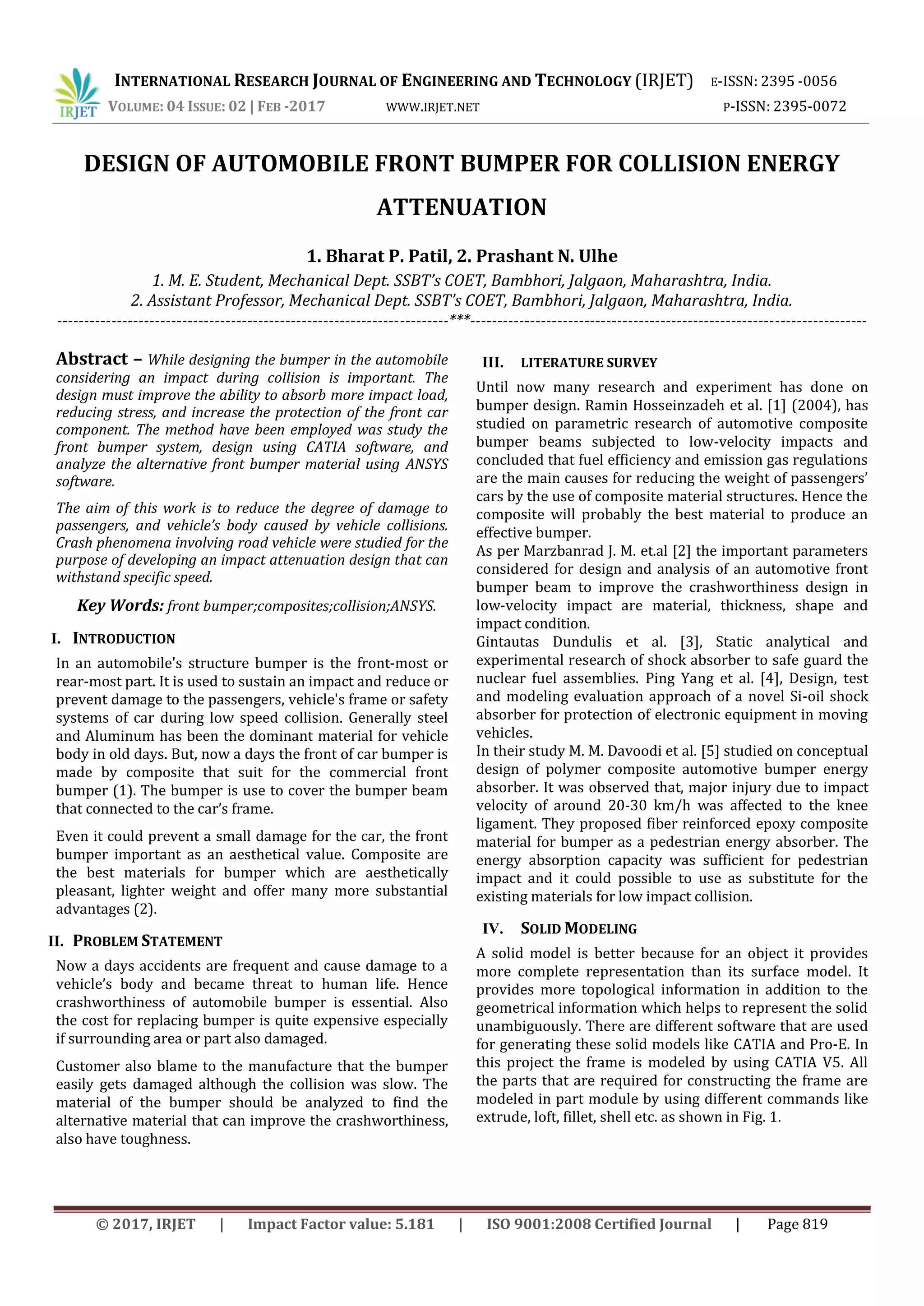 Design of automobile front bumper for collision energy Attenuation | PDF