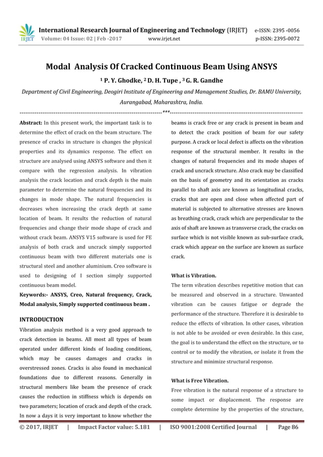 Modal Analysis Of Cracked Continuous Beam Using ANSYS | PDF | Physics | Science