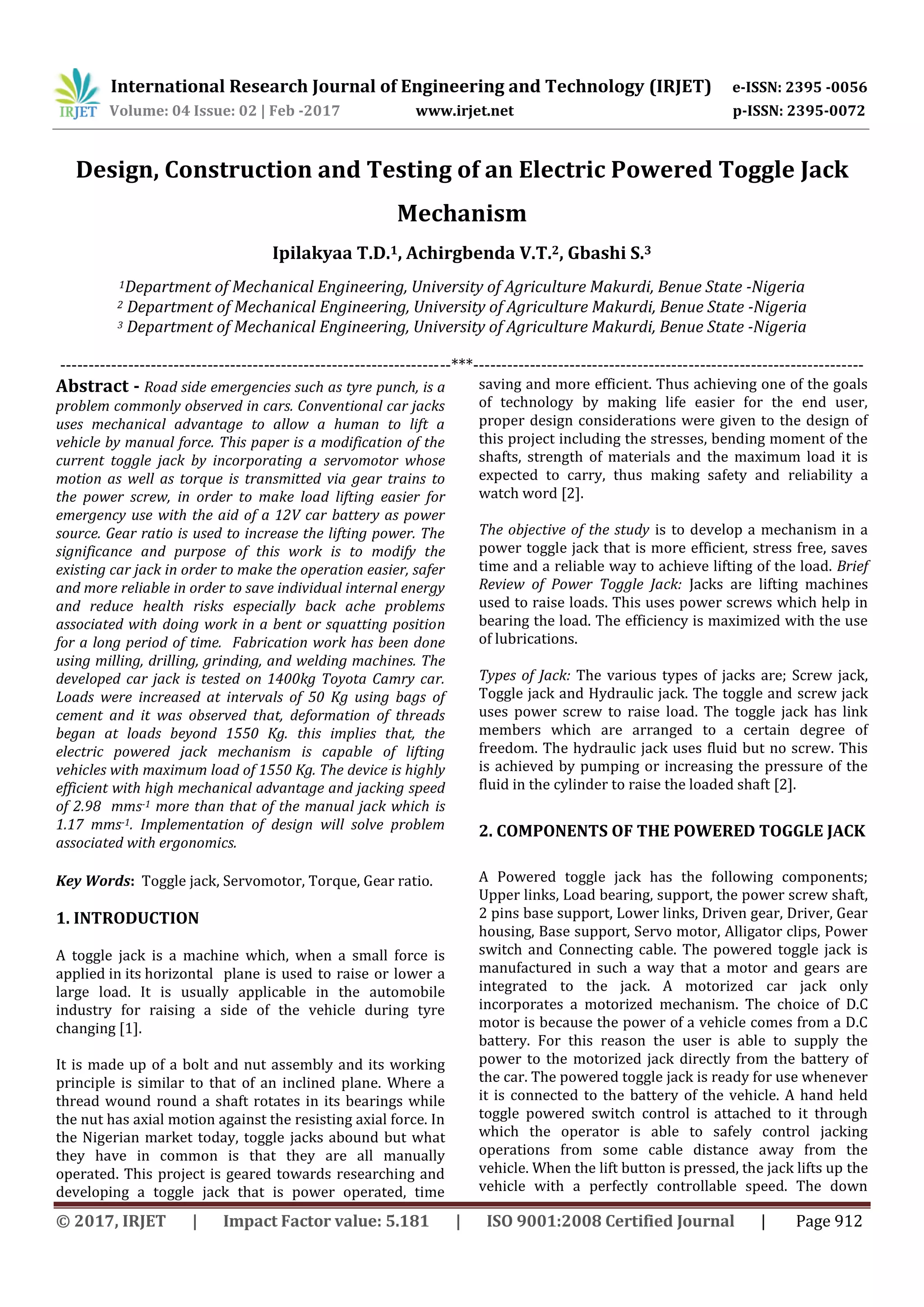 Design, Construction and Testing of an Electric Powered Toggle Jack ...