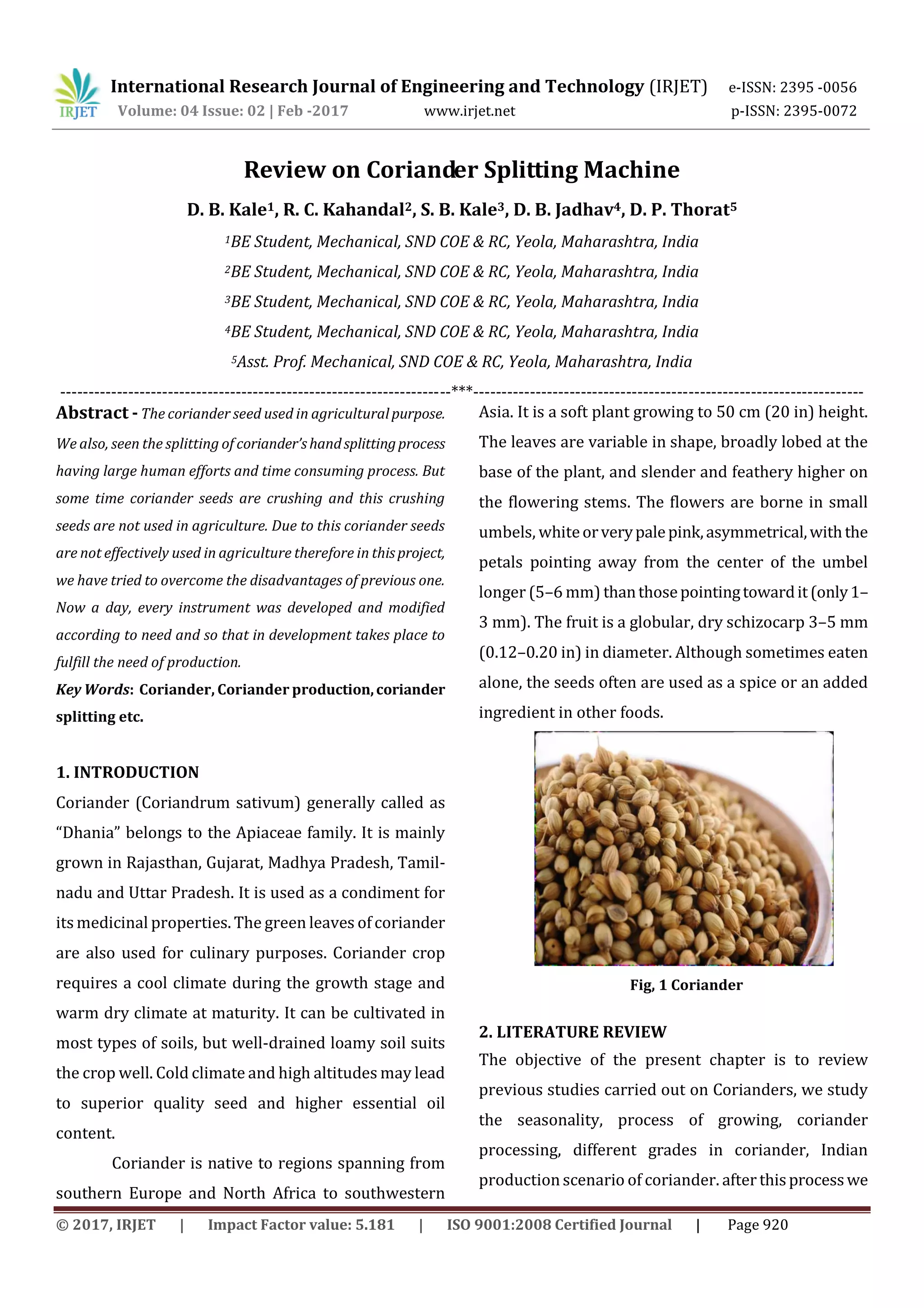 Review on coriander splitting machine | PDF