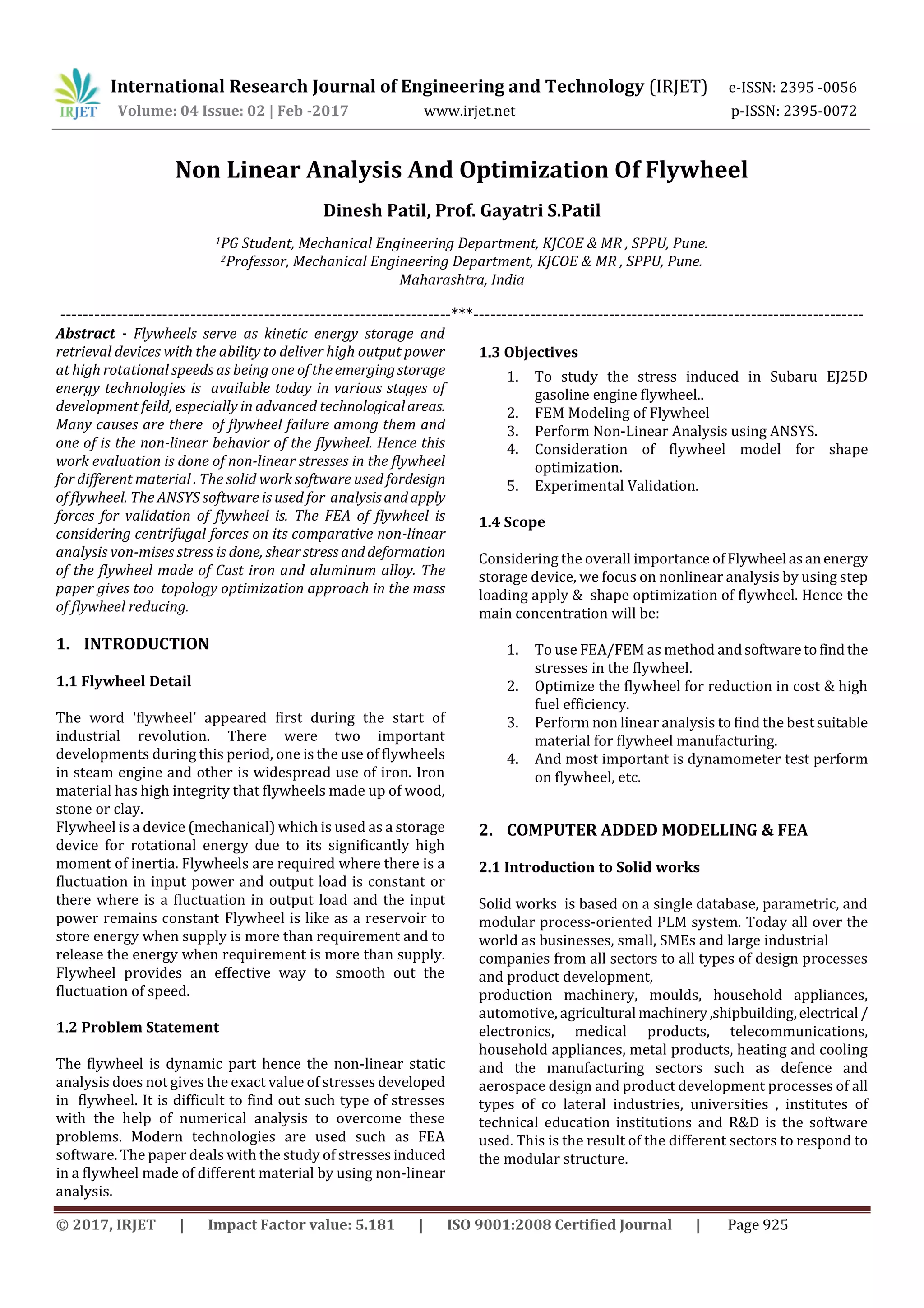 Non linear analysis and optimization of flywheel | PDF