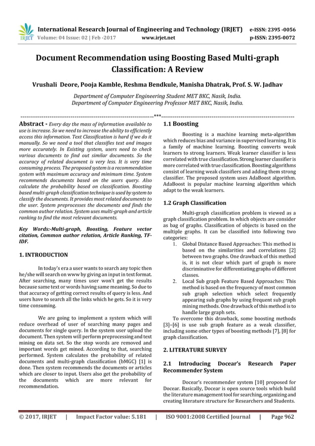 Document Recommendation using Boosting Based Multi-graph Classification: A Review | PDF