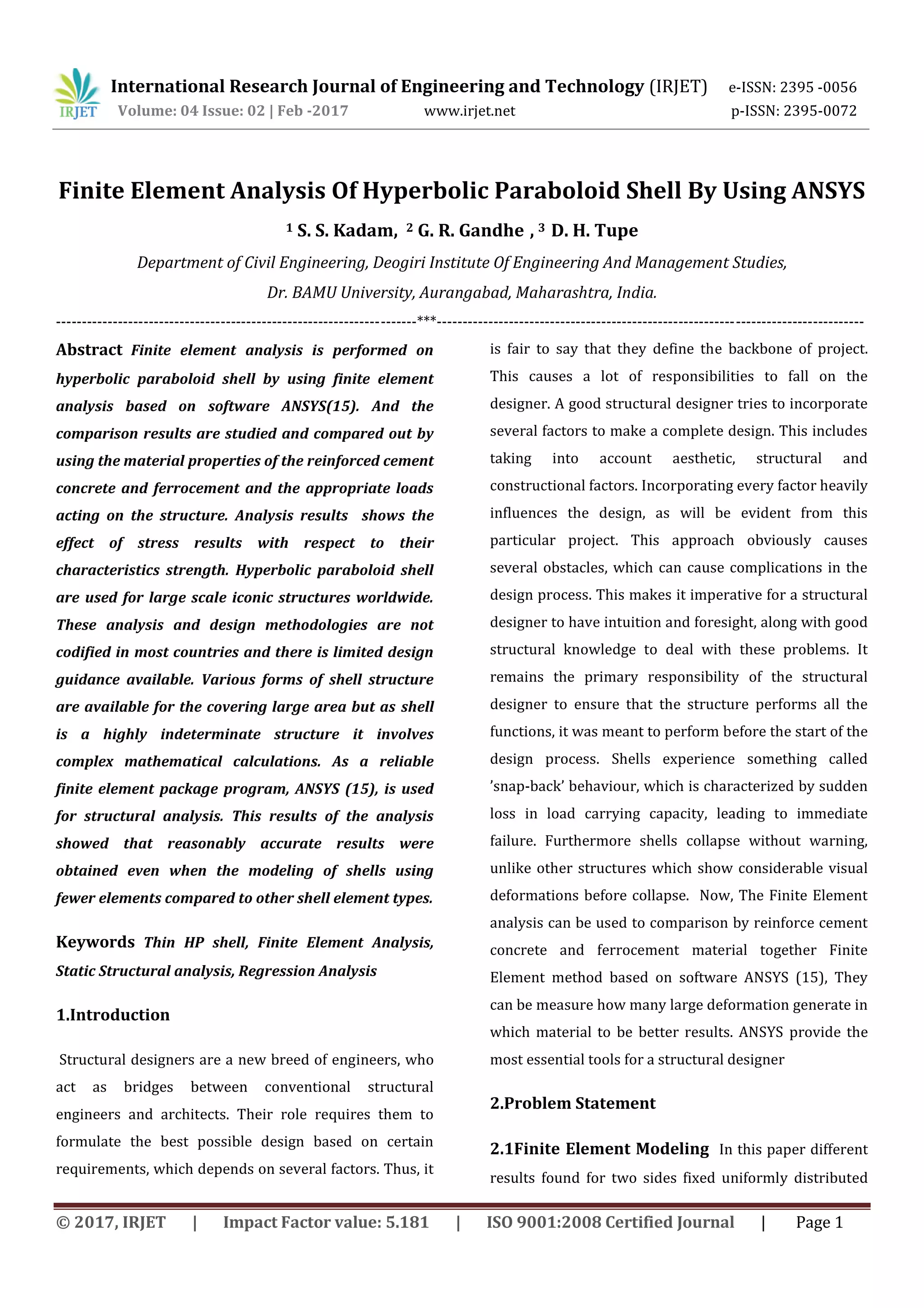 Finite Element Analysis Of Hyperbolic Paraboloid Shell By Using ANSYS | PDF