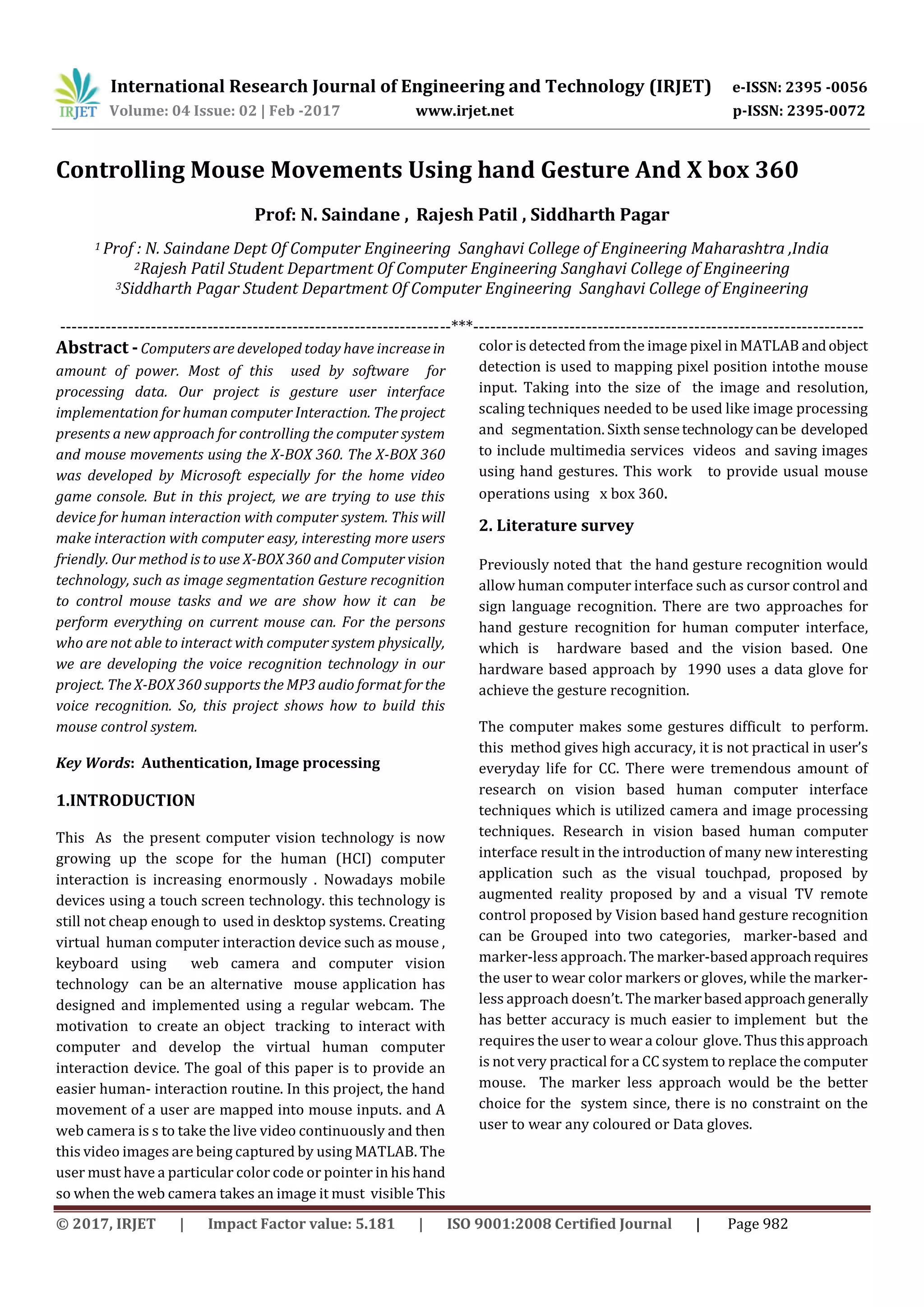 Controlling Mouse Movements Using hand Gesture And X box 360 | PDF