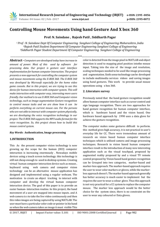 Controlling Mouse Movements Using hand Gesture And X box 360 | PDF