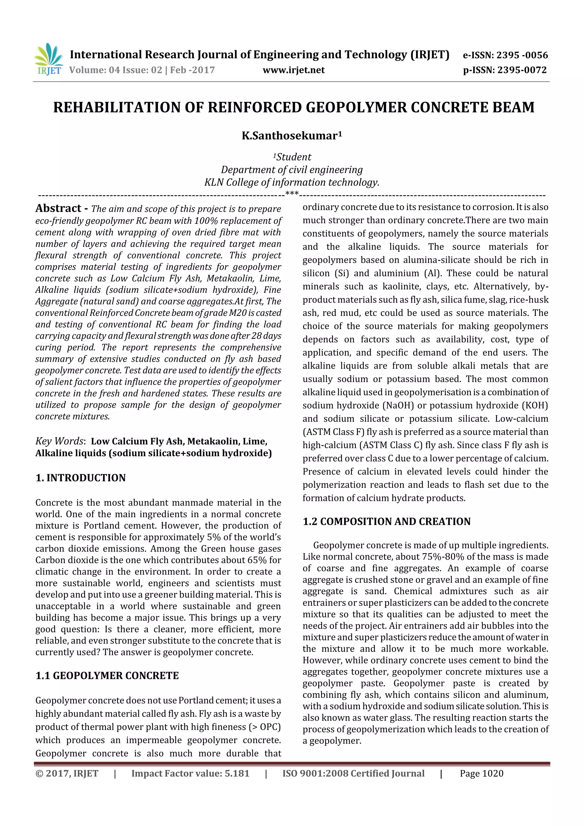 Rehabilitation Of Reinforced Geopolymer Concrete Beam | PDF