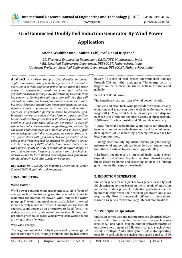 Grid Connected Doubly Fed Induction Generator By Wind Power Application Pdf