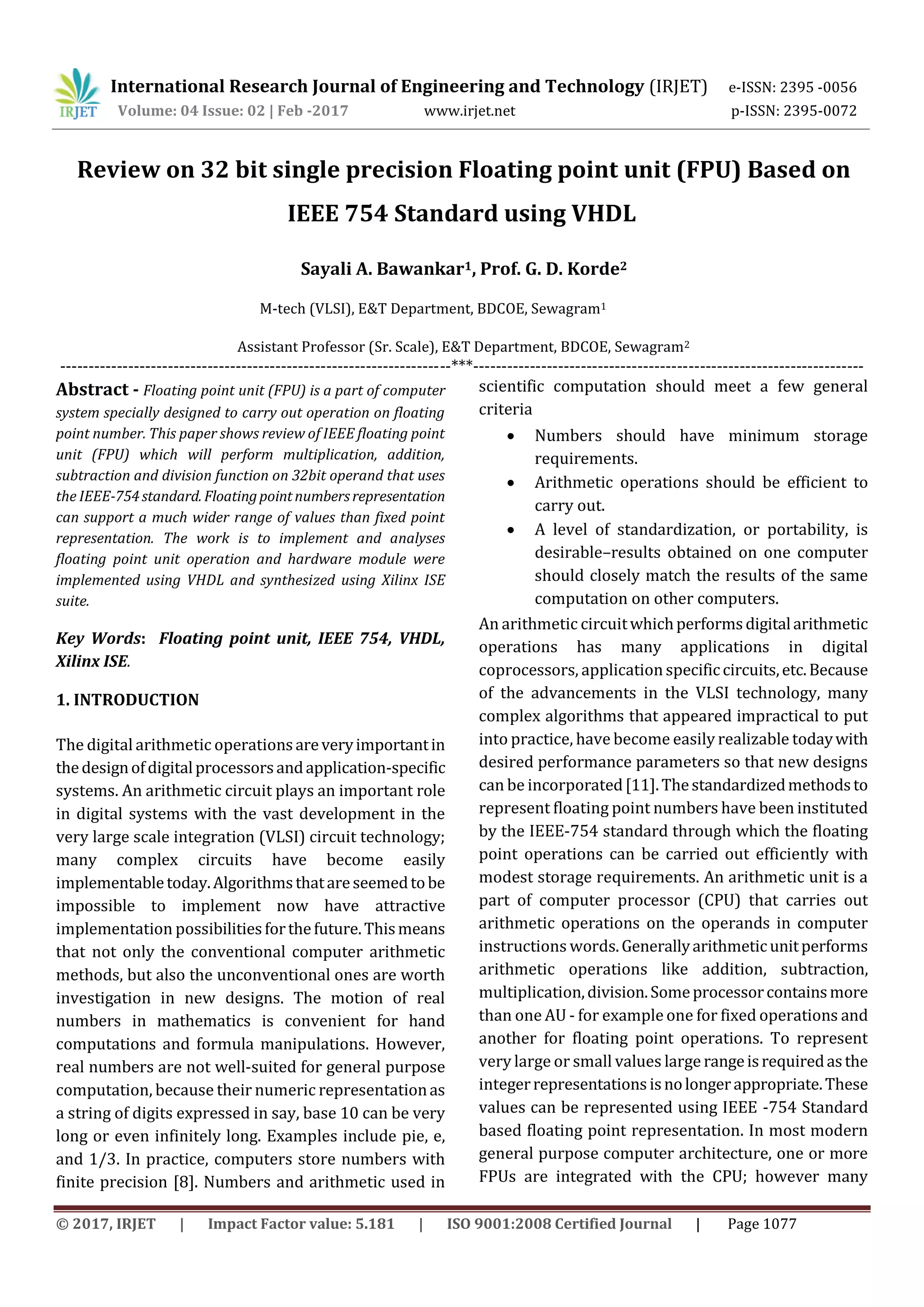 Review on 32 bit single precision Floating point unit (FPU) Based on IEEE 754 Standard using ...