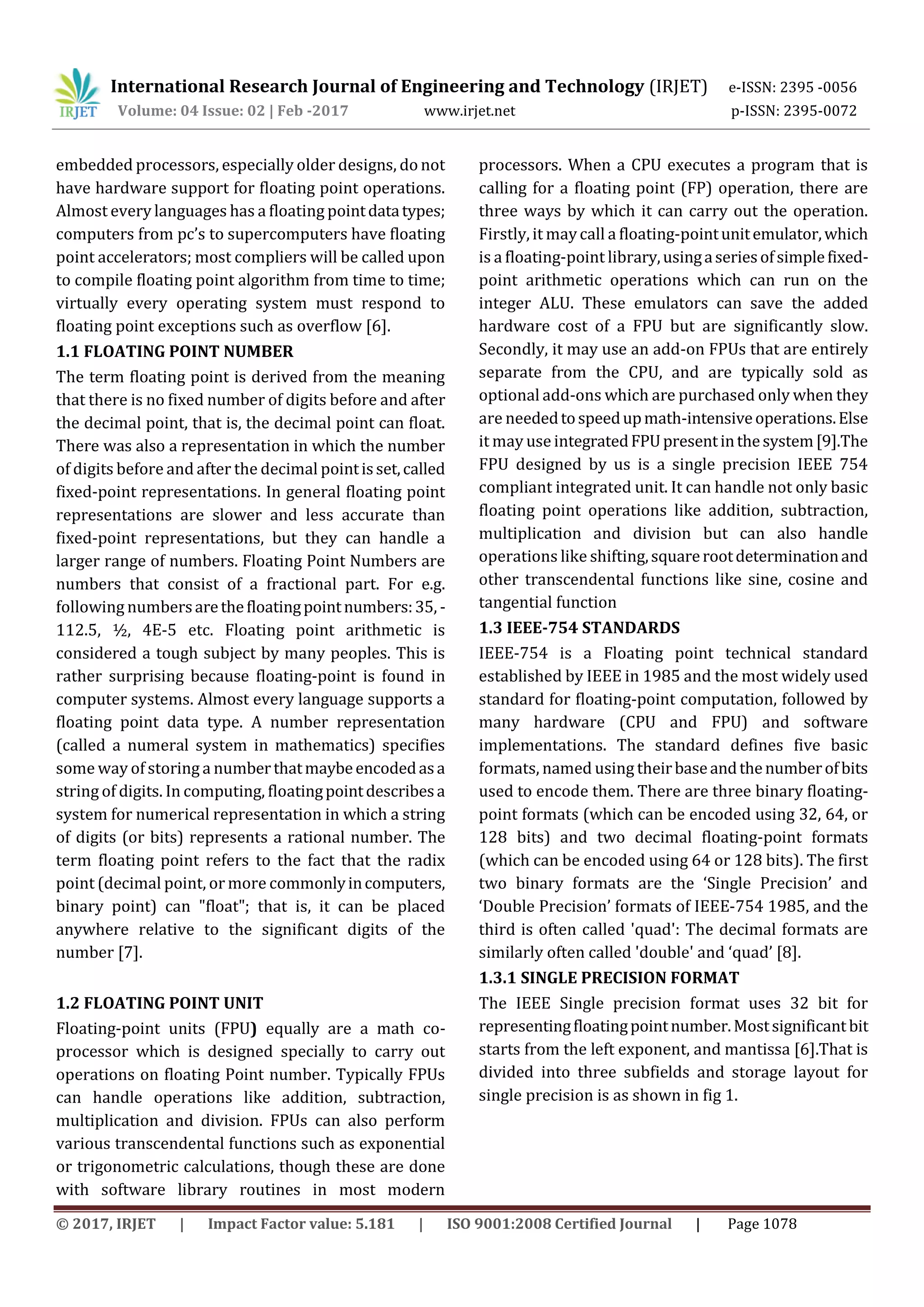 Review On 32 Bit Single Precision Floating Point Unit Fpu Based On Ieee 754 Standard Using