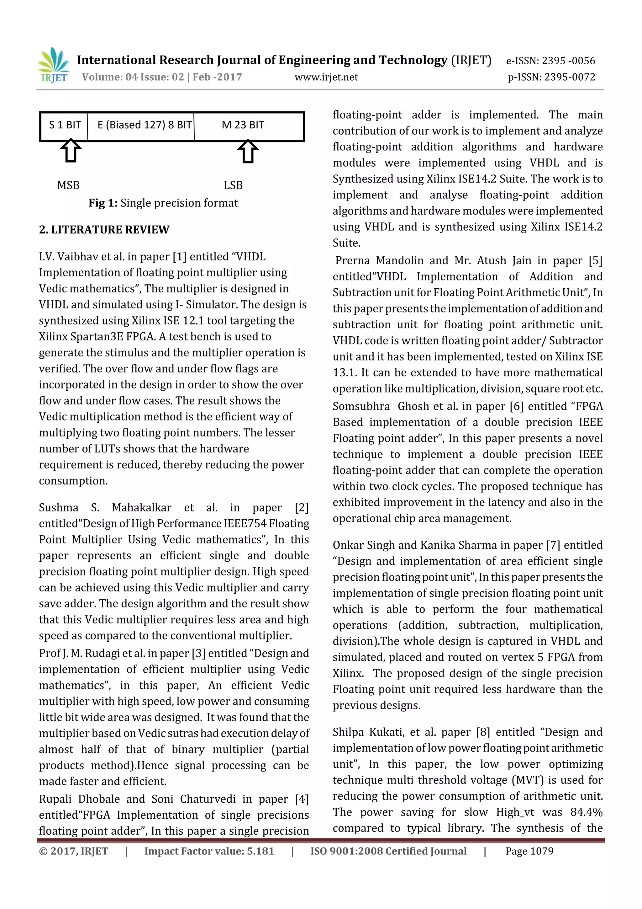 Review On 32 Bit Single Precision Floating Point Unit Fpu Based On Ieee 754 Standard Using