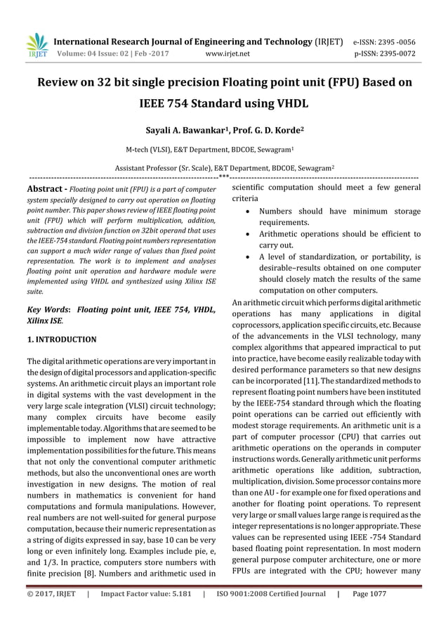 Review on 32 bit single precision Floating point unit (FPU) Based on IEEE 754 Standard using ...