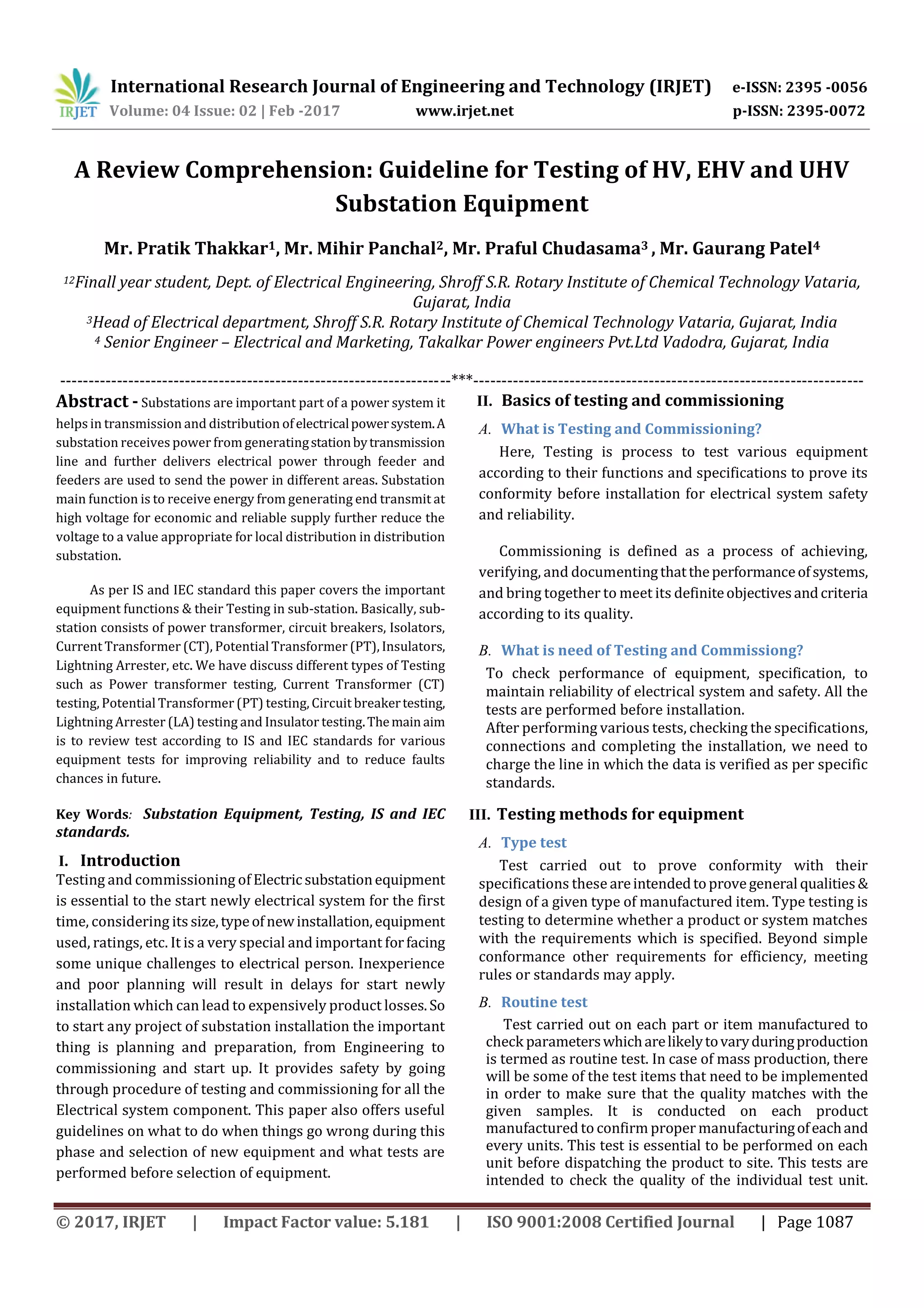 A Review Comprehension: Guideline for Testing of HV, EHV and UHV ...