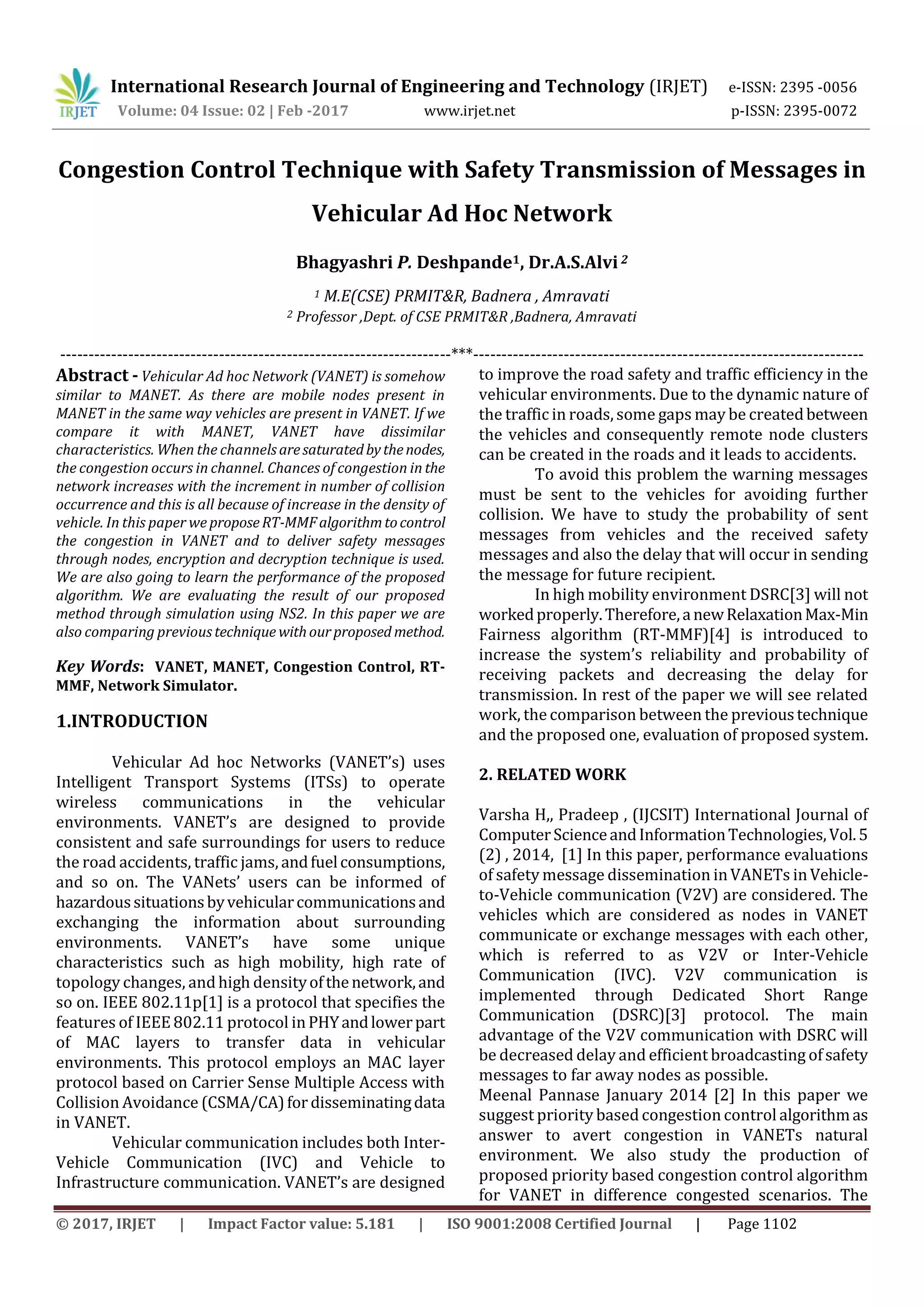 Congestion Control Technique With Safety Transmission Of Messages In Vehicular Ad Hoc Network